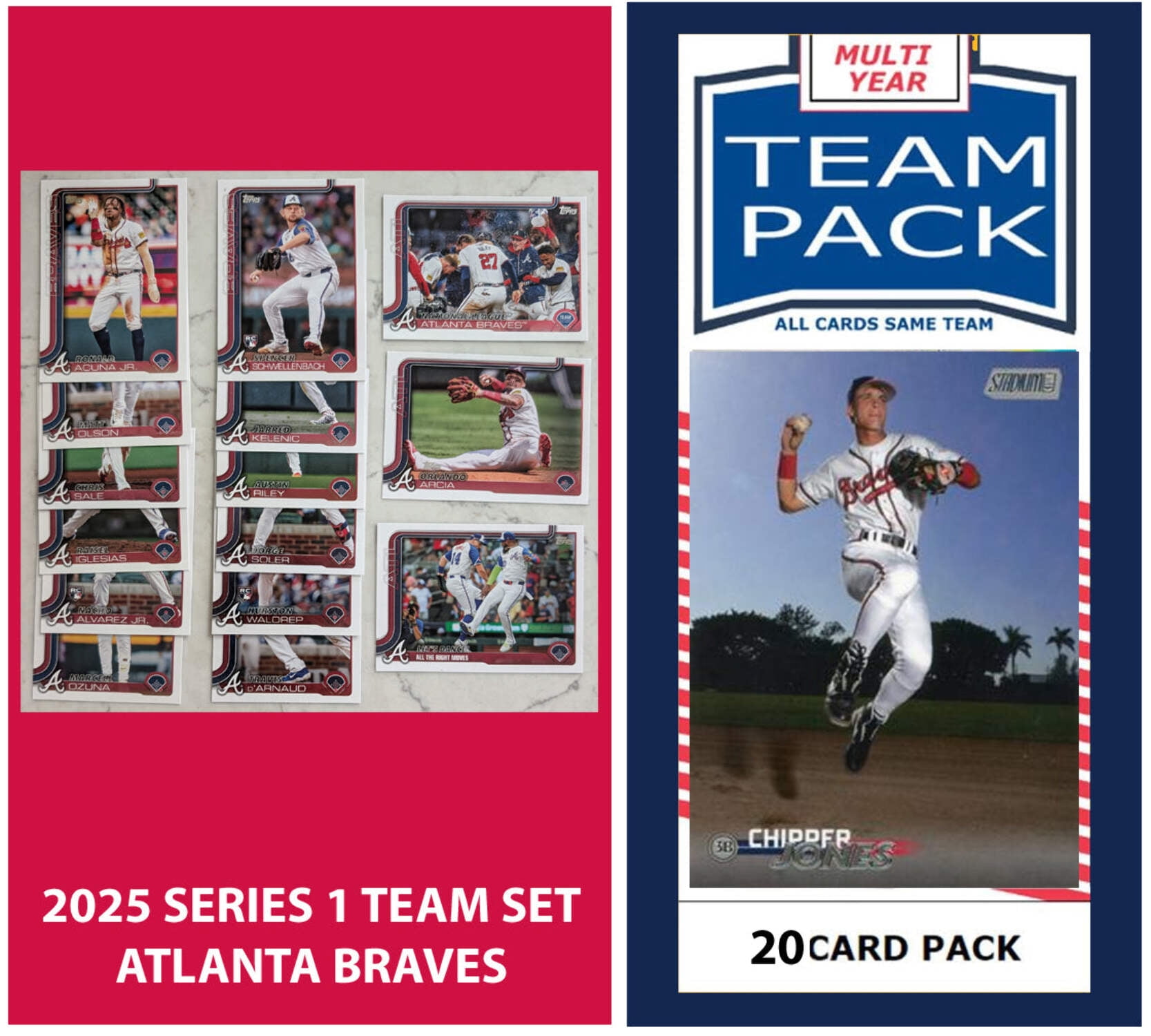 Braves 20 Card Pack Chipper Jones + 2025 Topps Series 1 Team Set ...