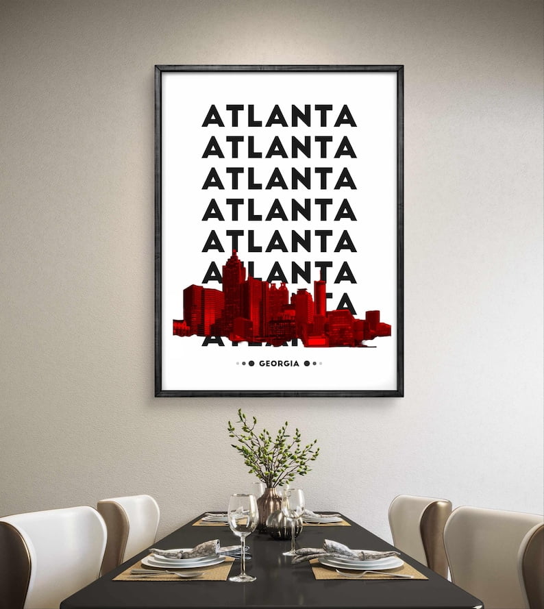 Atlanta Georgia Poster Red Black Skyline Print, Modern City Wall Art ...
