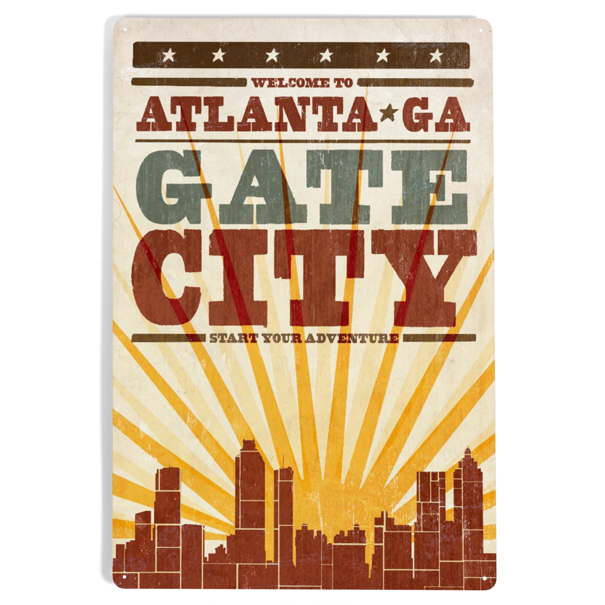 Atlanta, Georgia, Skyline and Sunburst Screenprint Style (12x18 ...