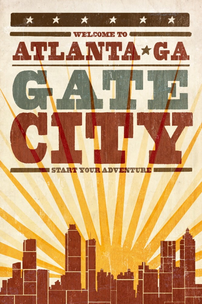 Atlanta, Georgia, Skyline and Sunburst Screenprint Style (16x24 Giclee ...