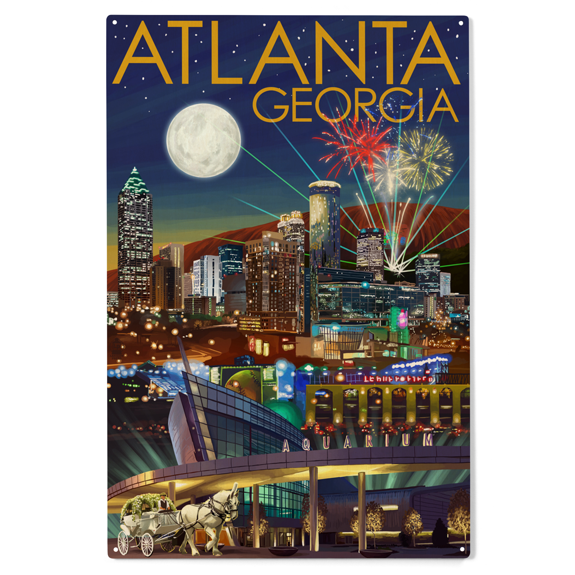 Atlanta, Georgia, Skyline at Night Birch Wood Wall Sign (10x15 Rustic ...
