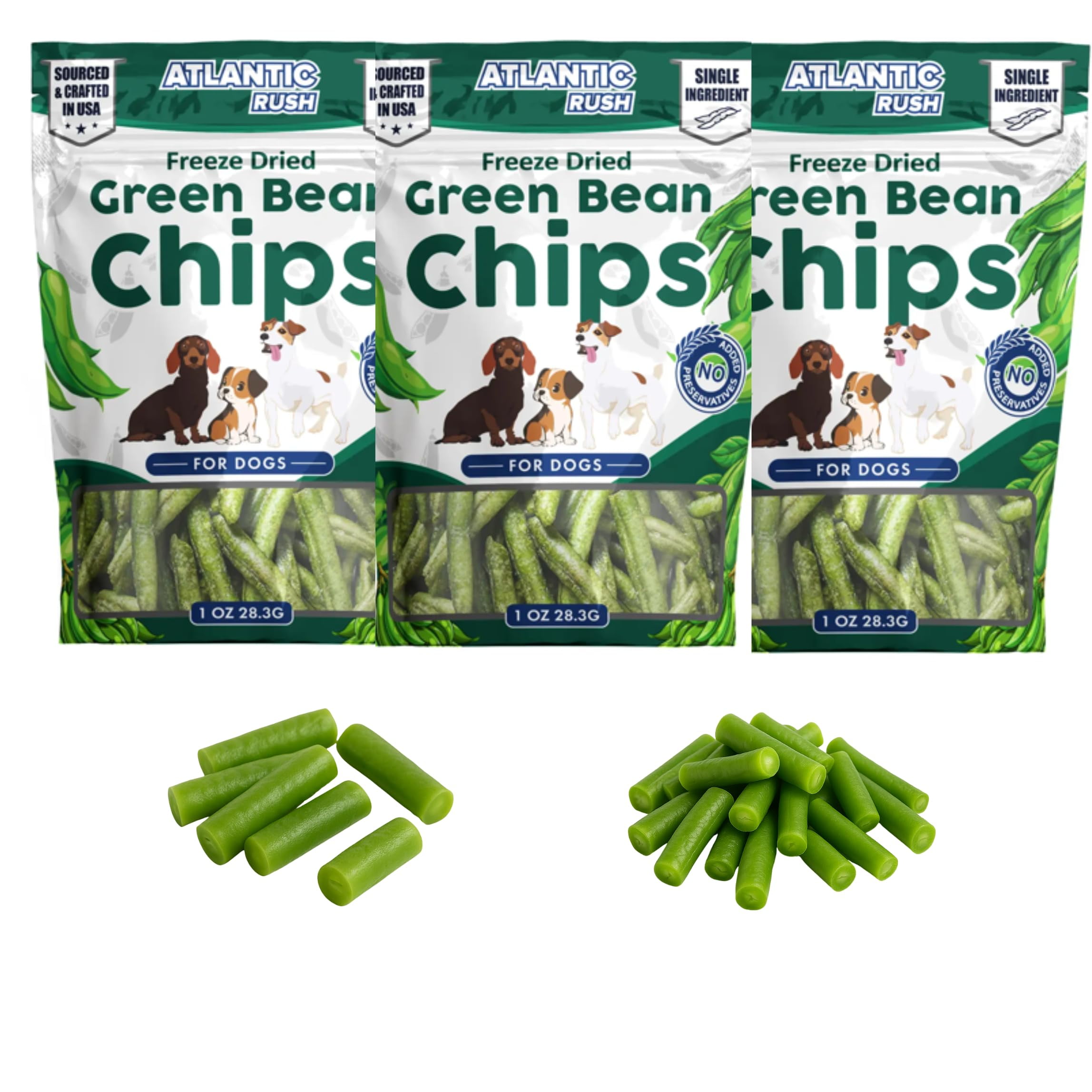 Atlantic Rush Freeze Dried YYF14 Green Bean Chips for Dogs- 3 Bags of 1oz Resealable Bag of ...