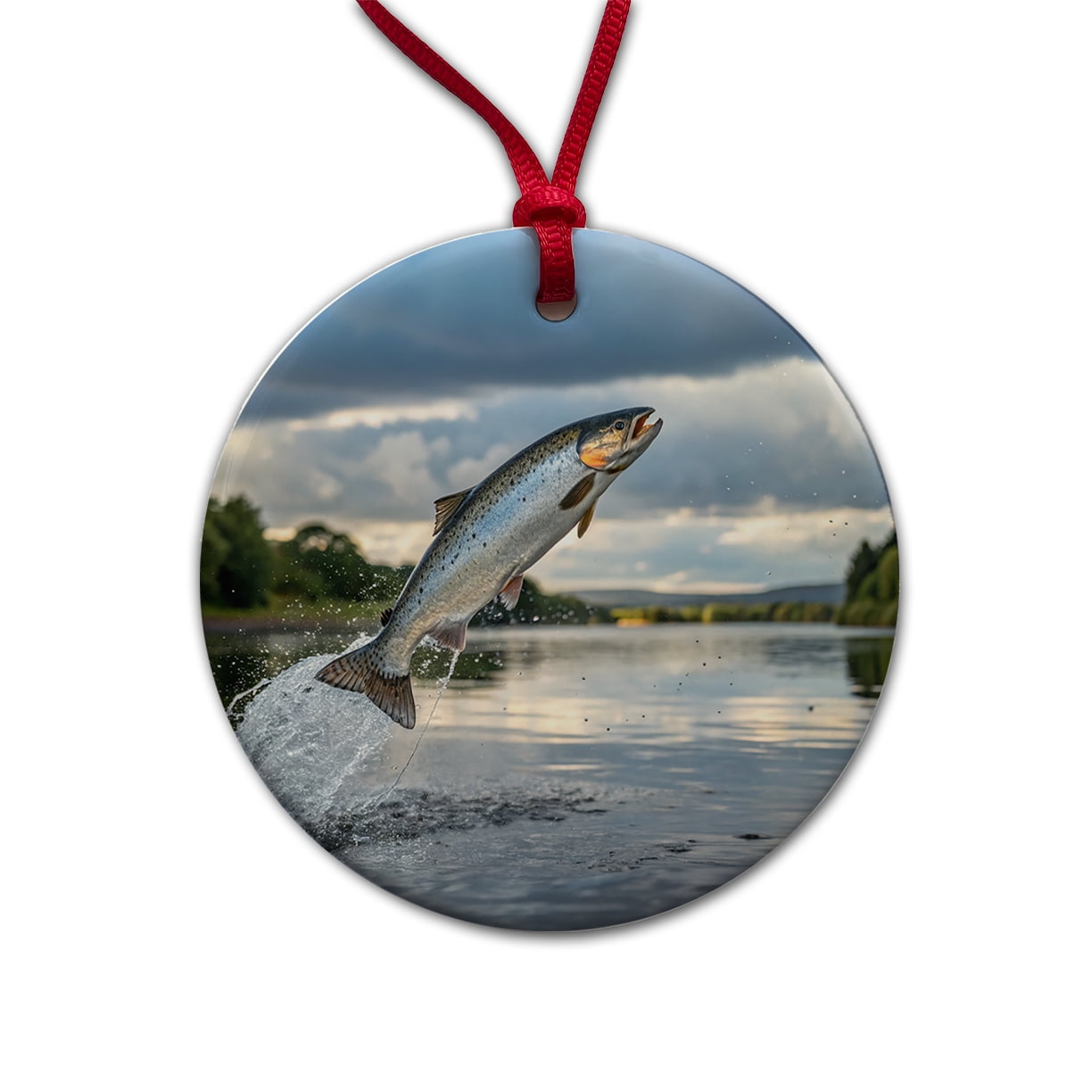 Atlantic Salmon Fish Jumping Fishing Christmas Tree Holiday Round ...