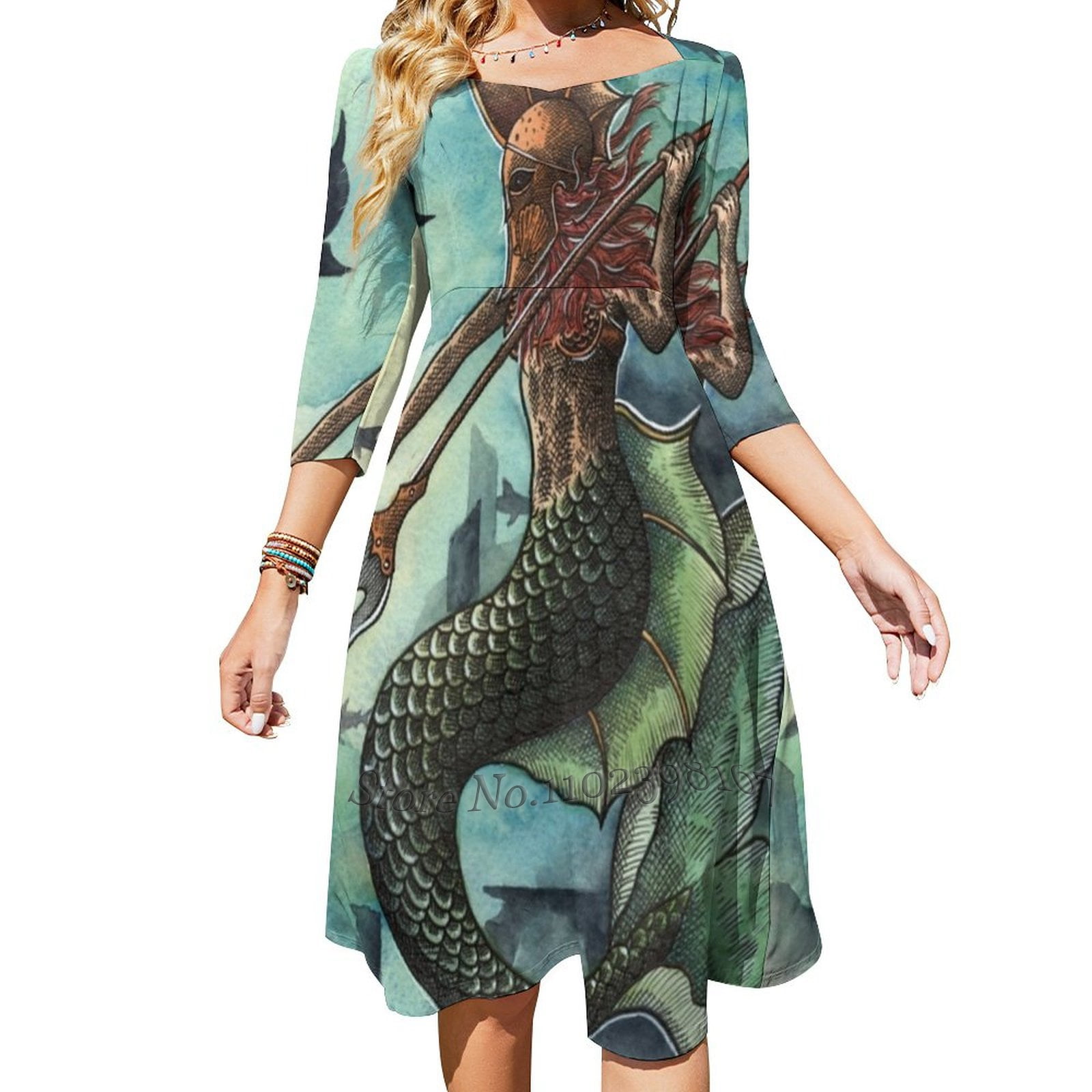 Atlantis Mermaid Square Neck Dress New Plus Size Elegant Women Waist ...