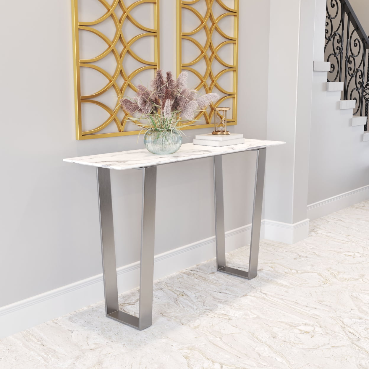 Atlas Console Table Faux Marble Top Gold Geometric Base 47 Inch Modern ...