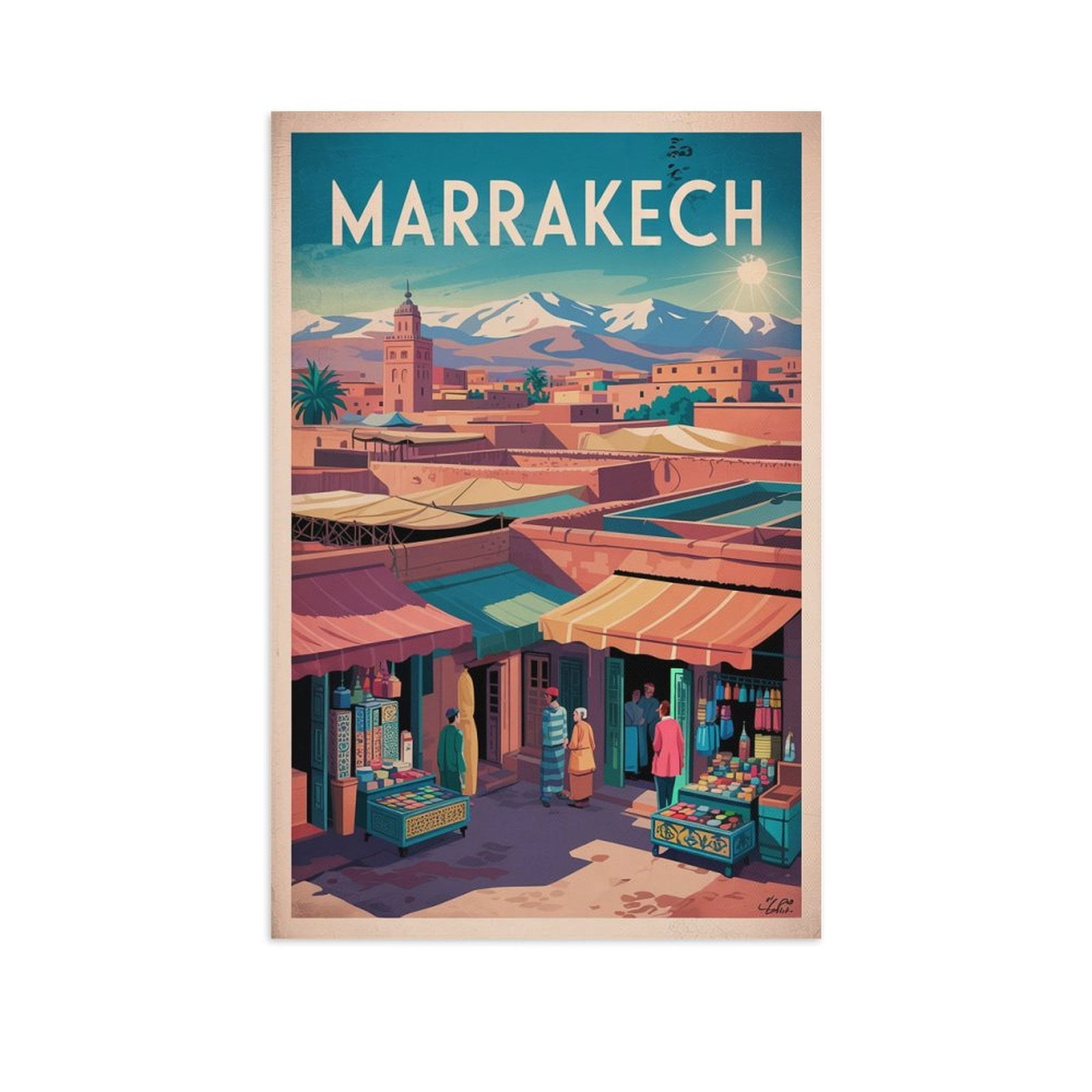 Atlas Mountains Classic Poster Retro Marrakech Cityscape with Markets ...