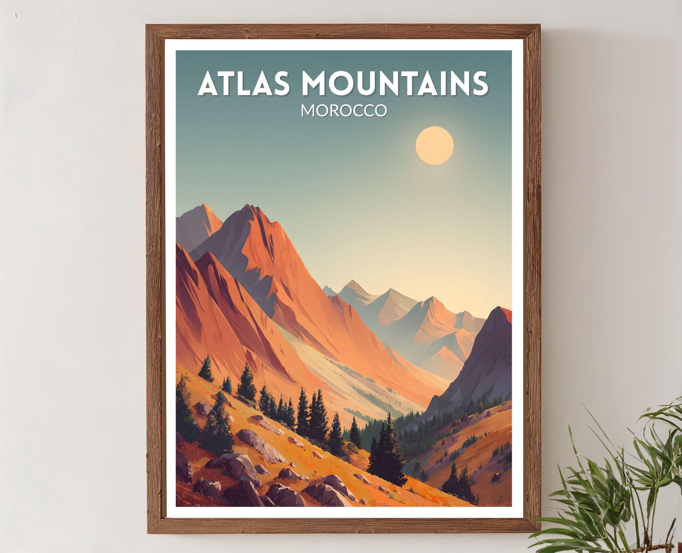 Atlas Mountains Morocco Retro Travel Poster, Mid Century Modern Vintage ...