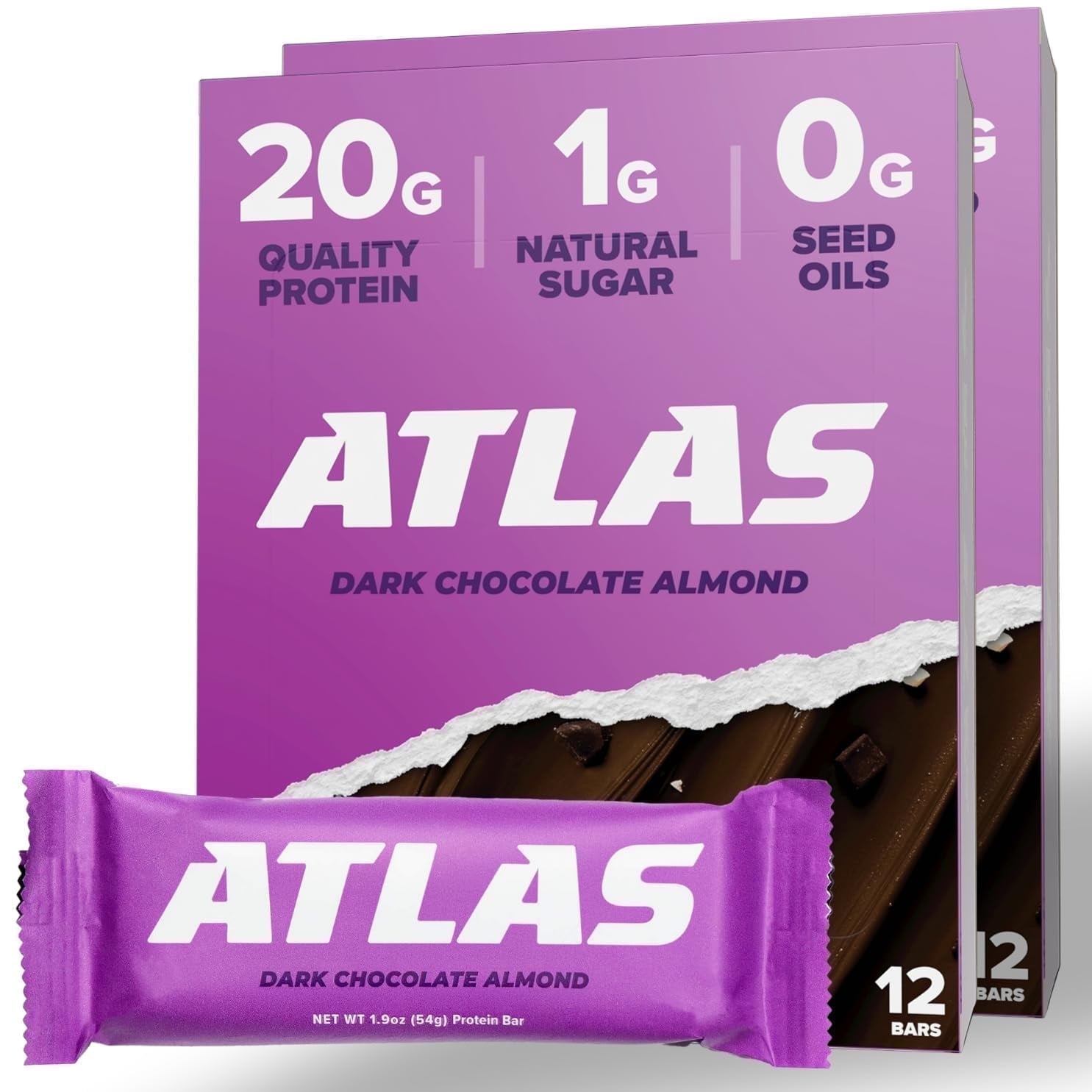Atlas Protein Bar, Dark Chocolate Almond, 20g Protein, 1g Sugar, 0g ...