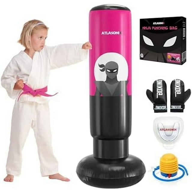 Atlasonix Punching Bag for Kids - Inflatable Ninja Toy with Mouth Guard ...