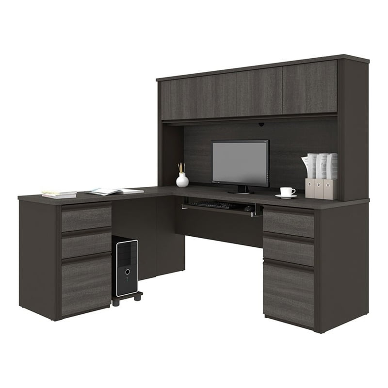 Atlin Designs 6 Piece Wood L Shaped Computer Desk with Hutch in Bark ...