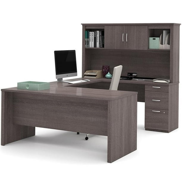 Atlin Designs Modern Wood U Shape Computer Desk with Hutch in Bark Gray ...