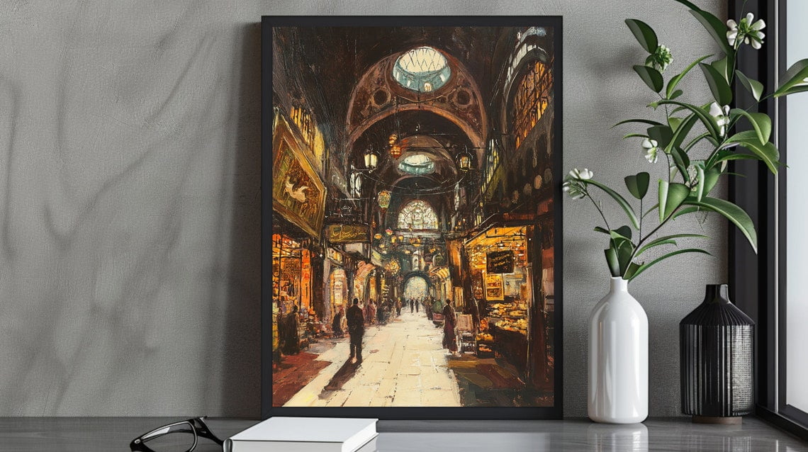 Atmospheric Vibrant Marketplace Art Print, Warm Bazaar Scene, Exotic ...