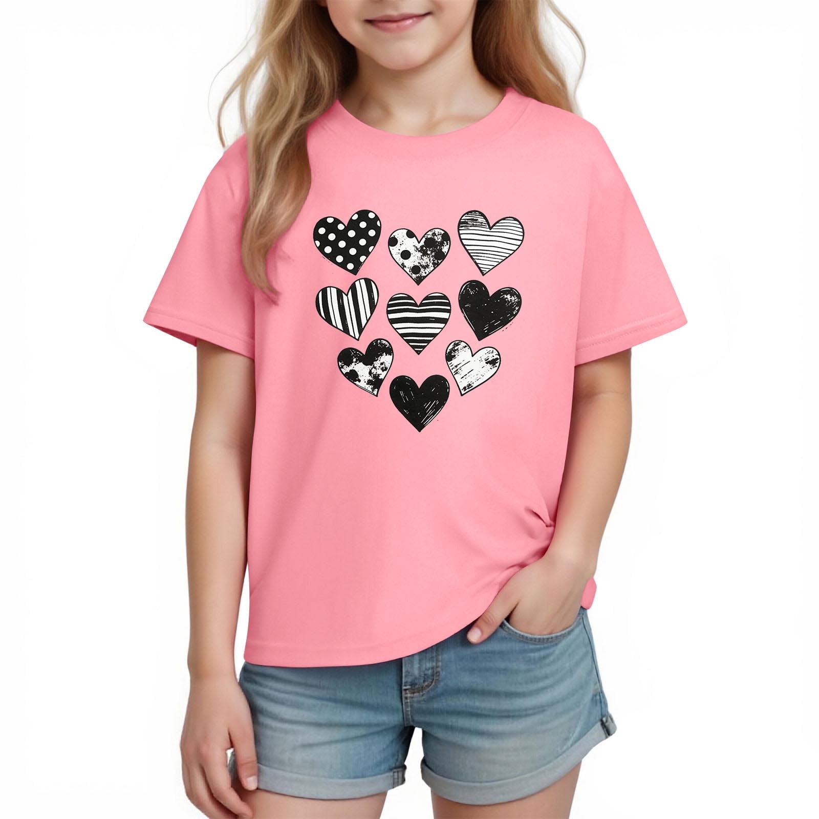 Atogsazn Children's Girls Summer Tshirt Kids Casual Hearts Short Sleeve ...