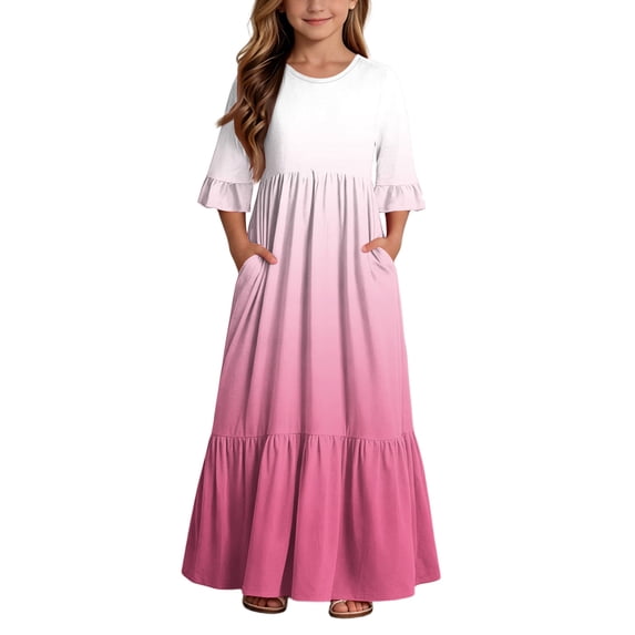 Atogsazn Girls Gradient Maxi Dress Kids Casual Short Sleeve Tiered ...