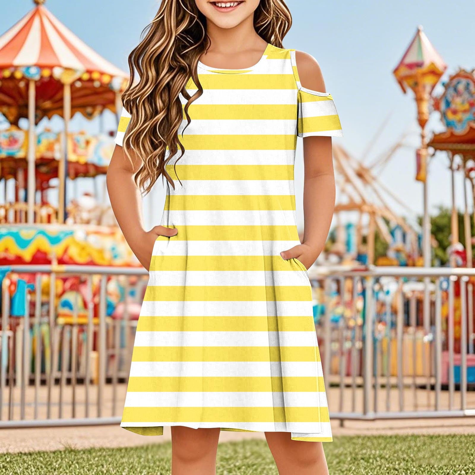 Atogsazn Girls Summer Dress Kids Short Sleeve Cold Shoulder Casual Midi ...