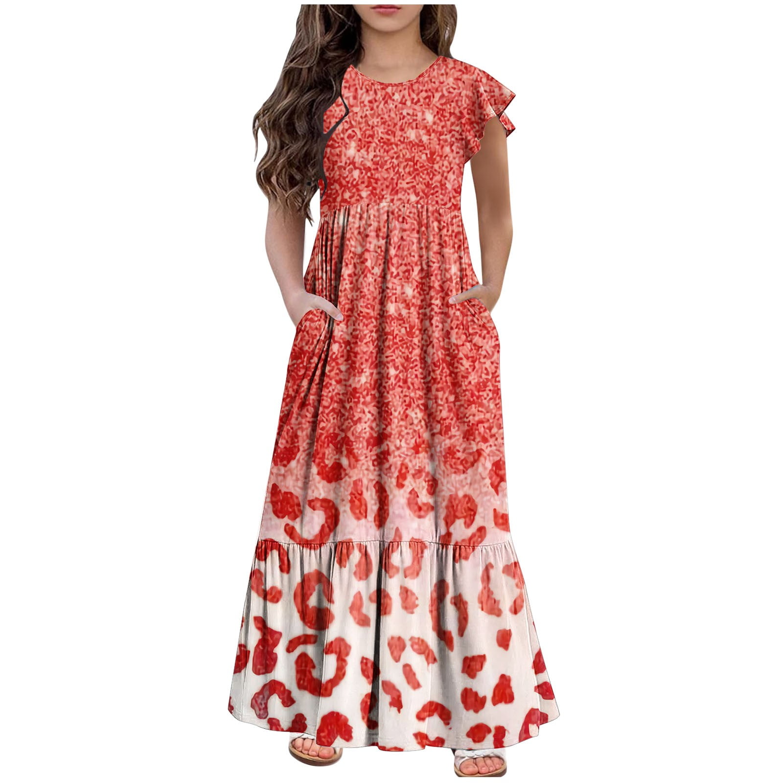 Atogsazn Girls Summer Maxi Dress Children's Ruffle Short Sleeve Crew ...
