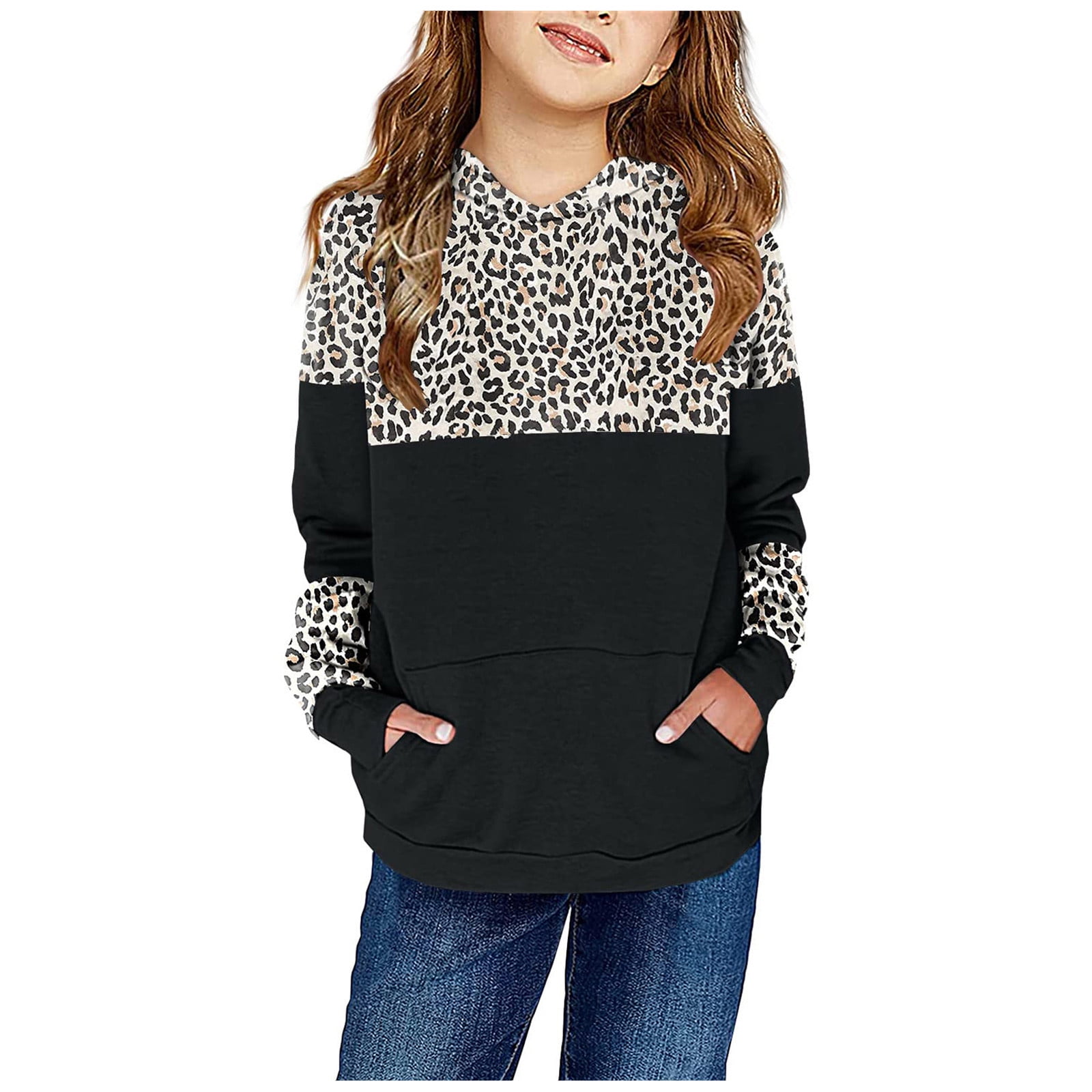 Atogsazn Kids Girls Fleece Pullover Hoodies Cute Leopard Printed Hooded ...