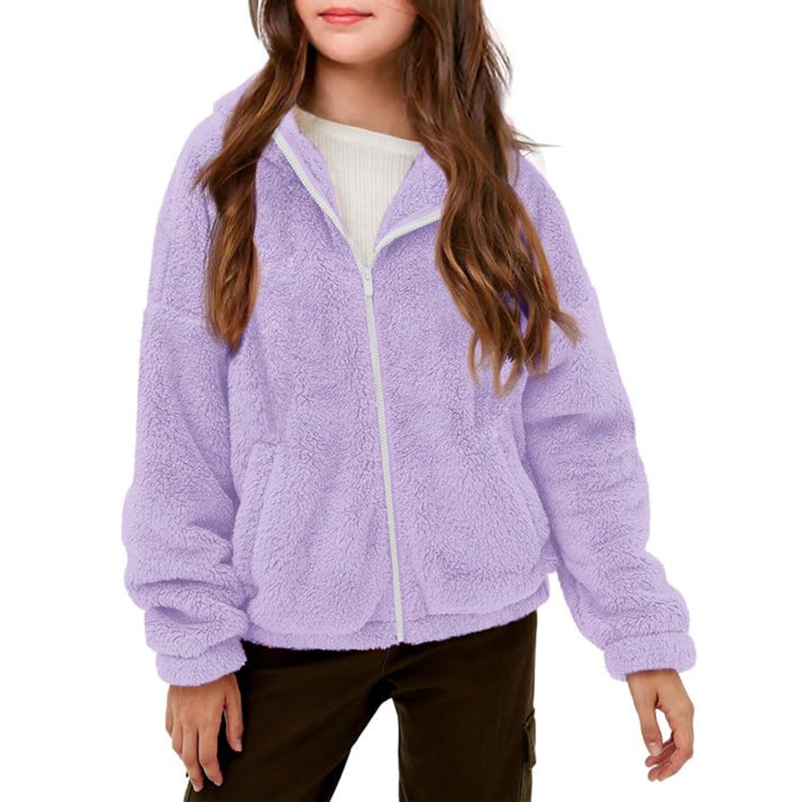 Atogsazn Kids Girls Fuzzy Jackets Children Zip Up Long Sleeve Hooded ...