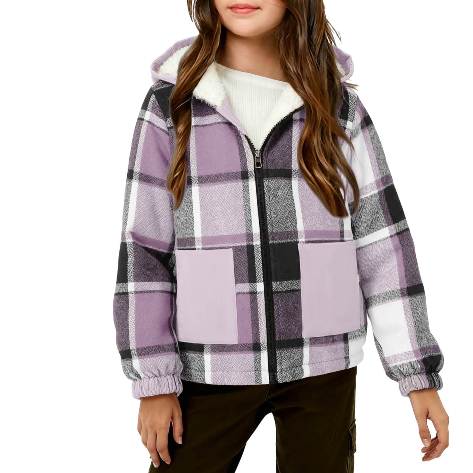 Atogsazn Kids Girls Plaid Jacket Children Fleece Lined Long Sleeve ...