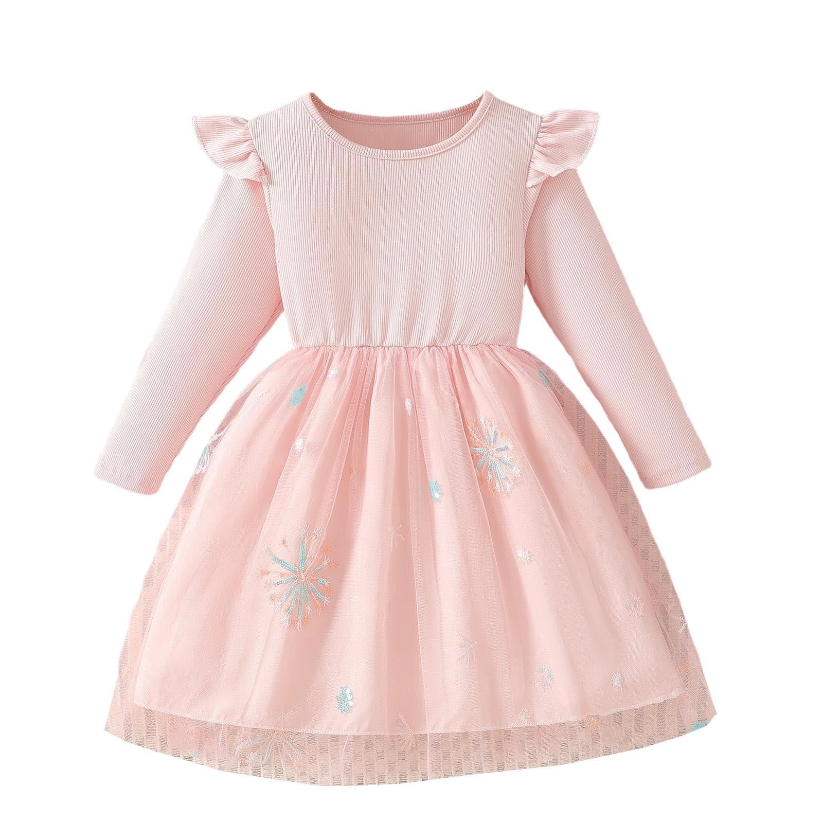 Atogsazn Kids Girls Ruffle Sleeve Dress Casual Ribbed Long Sleeve Tulle ...