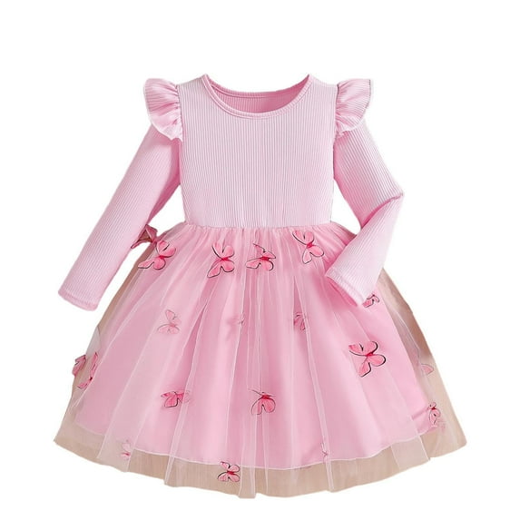 Atogsazn Kids Girls Ruffle Sleeve Dress Casual Ribbed Long Sleeve Tulle ...