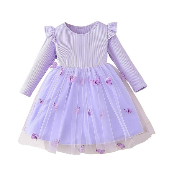 Atogsazn Kids Girls Ruffle Sleeve Dress Casual Ribbed Long Sleeve Tulle ...