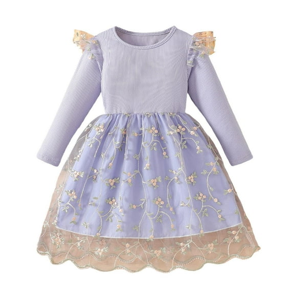 Atogsazn Kids Girls Ruffle Sleeve Dress Casual Ribbed Long Sleeve Tulle ...