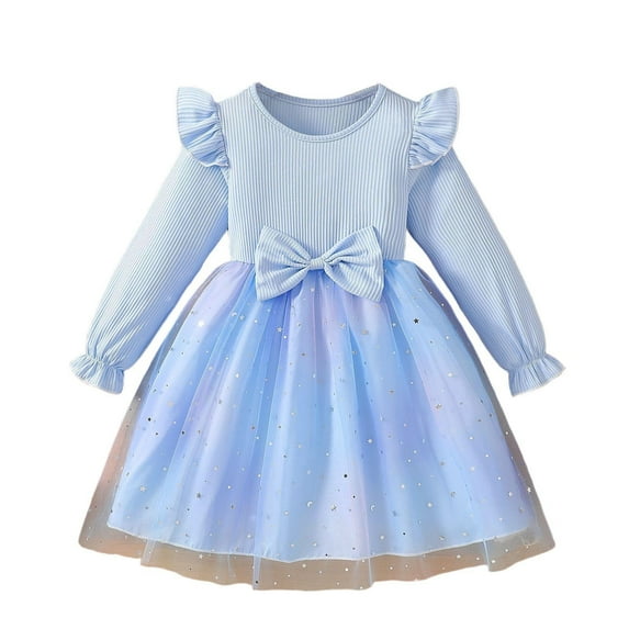 Atogsazn Kids Girls Ruffle Sleeve Dress Casual Ribbed Long Sleeve Tulle ...