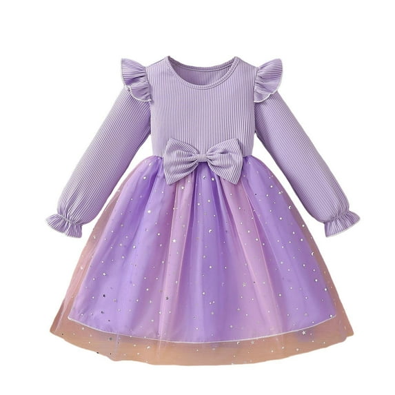 Atogsazn Kids Girls Ruffle Sleeve Dress Casual Ribbed Long Sleeve Tulle ...