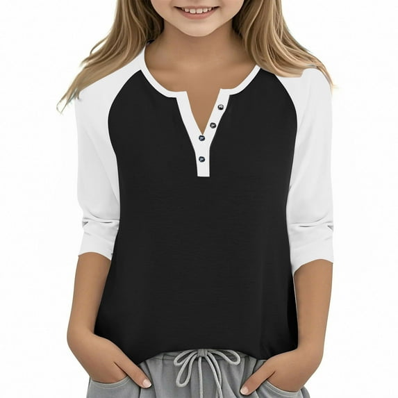 Atogsazn Kids Girls V Neck Shirt Children Button Down 3/4 Sleeve ...