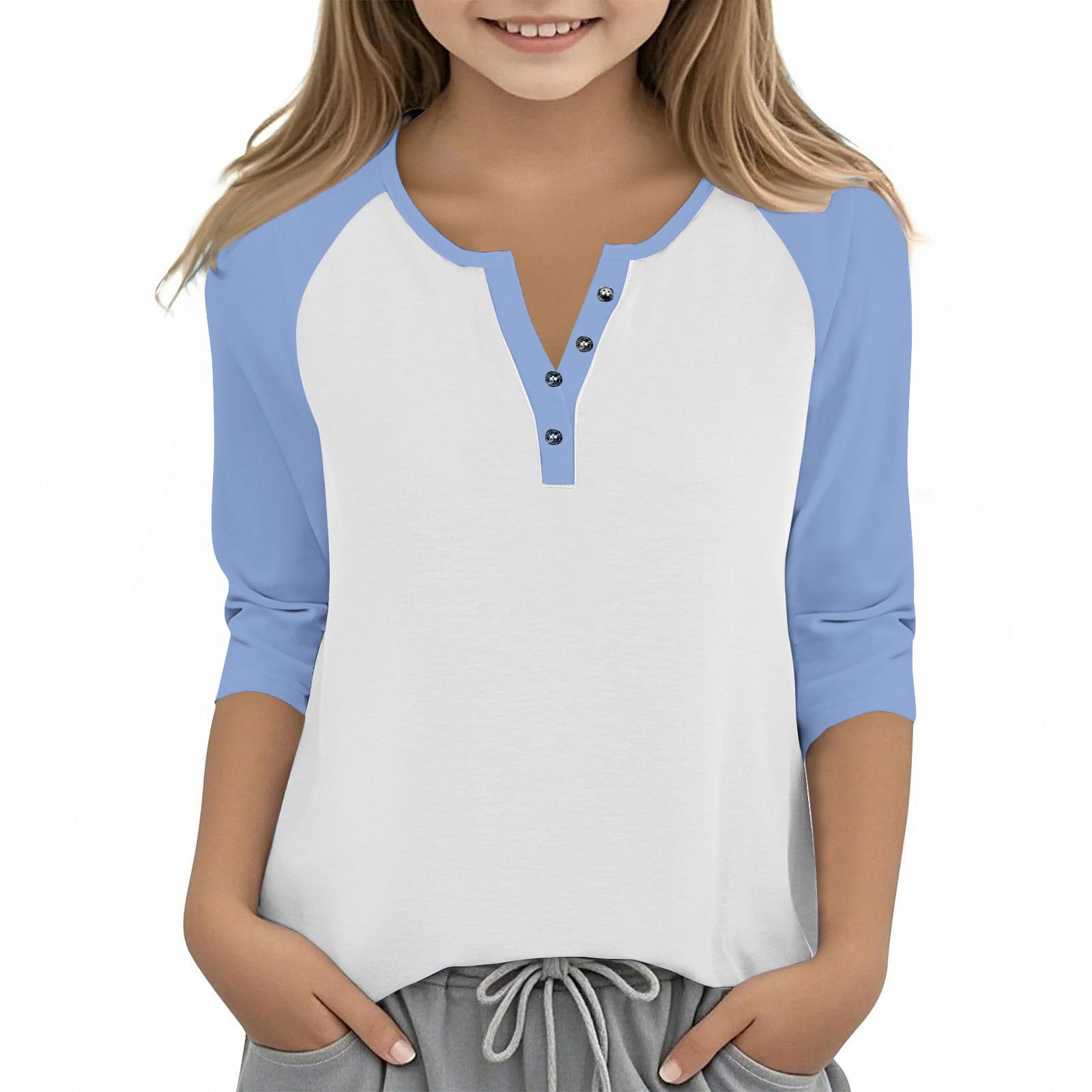 Atogsazn Kids Girls V Neck Shirt Children Button Down 3/4 Sleeve ...