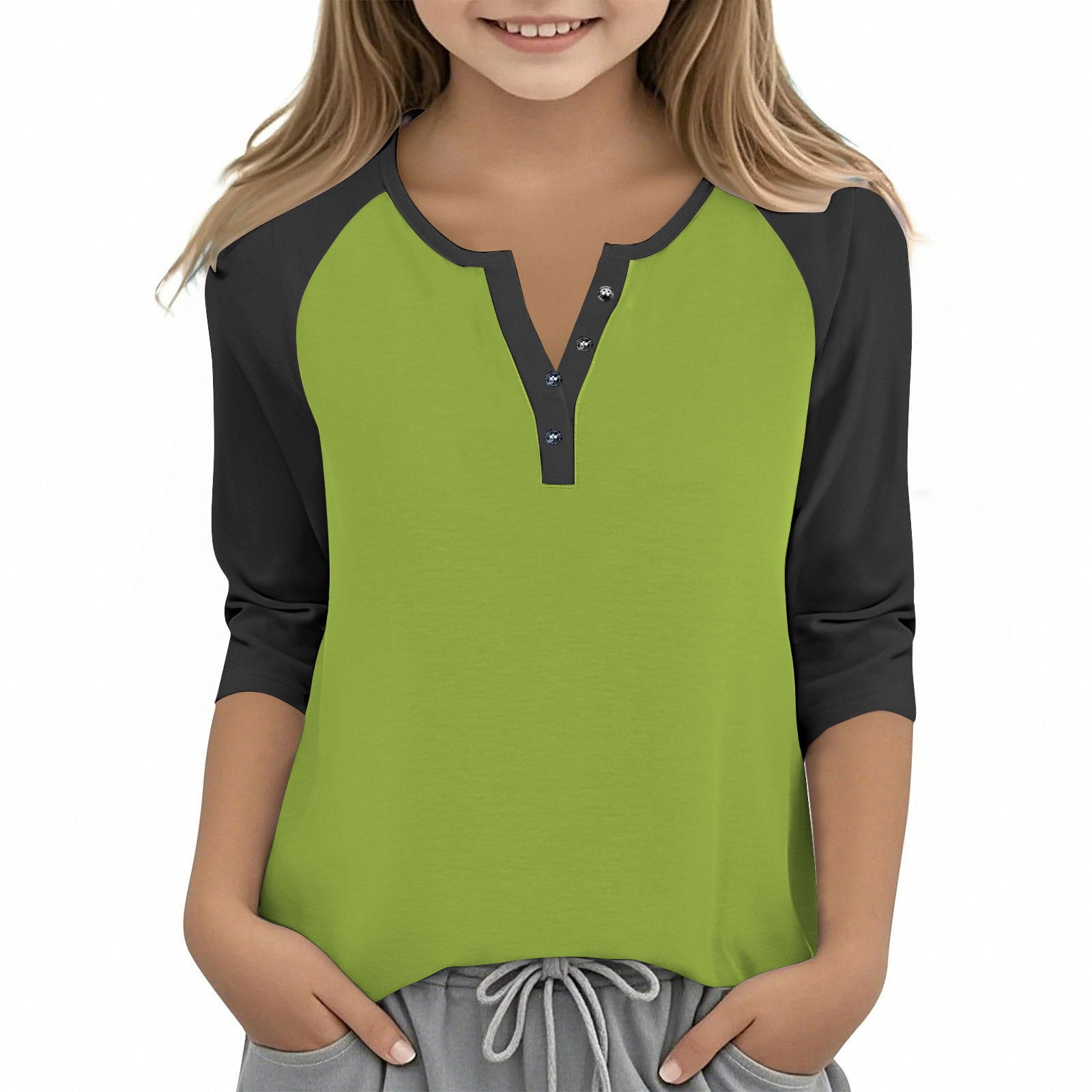 Atogsazn Kids Girls V Neck Shirt Children Button Down 3/4 Sleeve ...