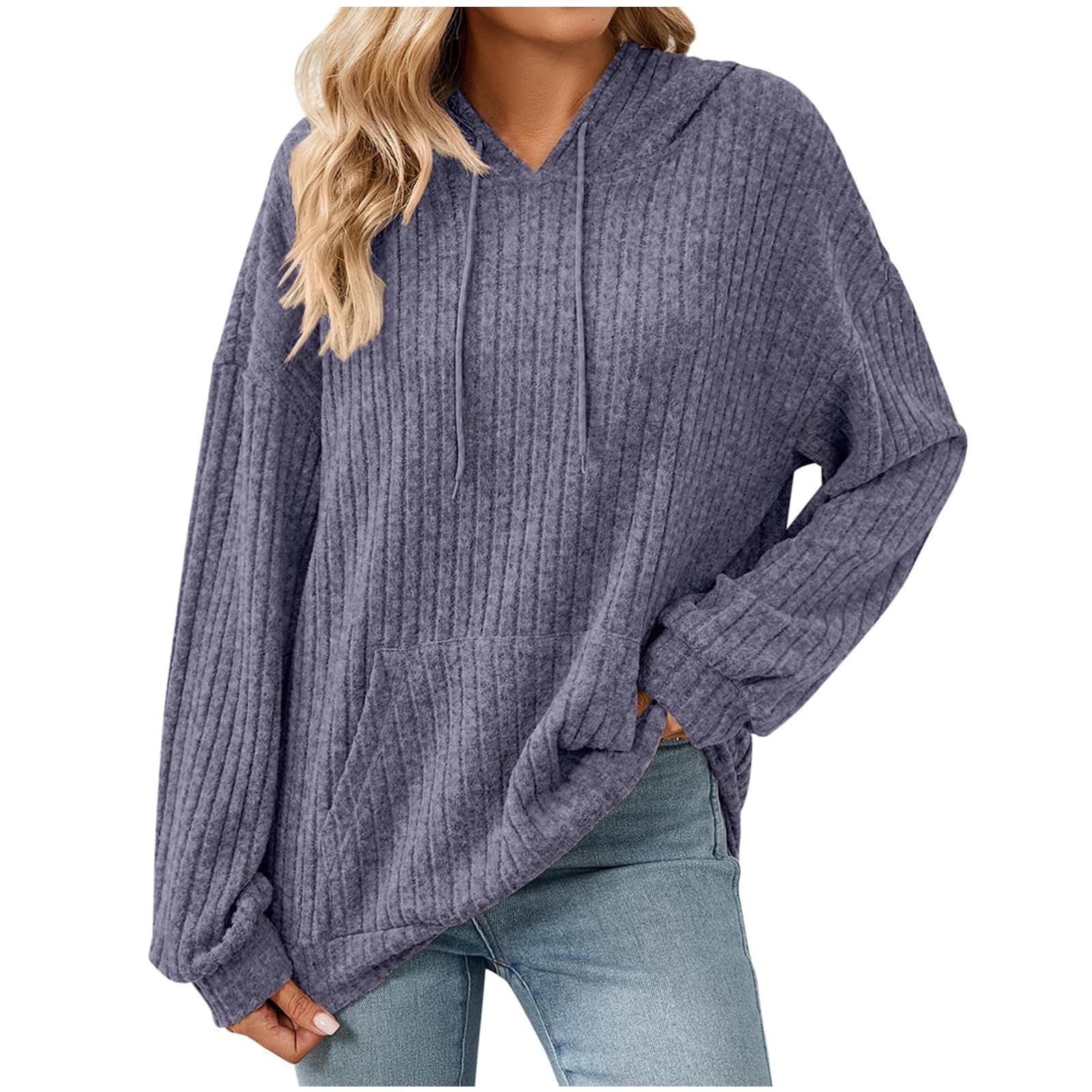 Atogsazn Knitted Hoodies for Women Drawstring Long Sleeve Pullover ...