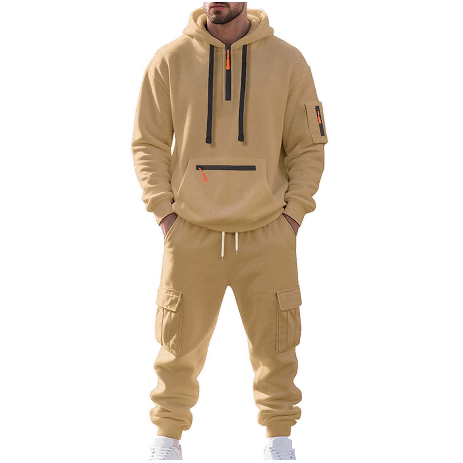 Atogsazn Mens Cargo Sweatsuit Quarter Zip Hoodie Sweatpant Outfit Tactical Set Jogger Fall ...