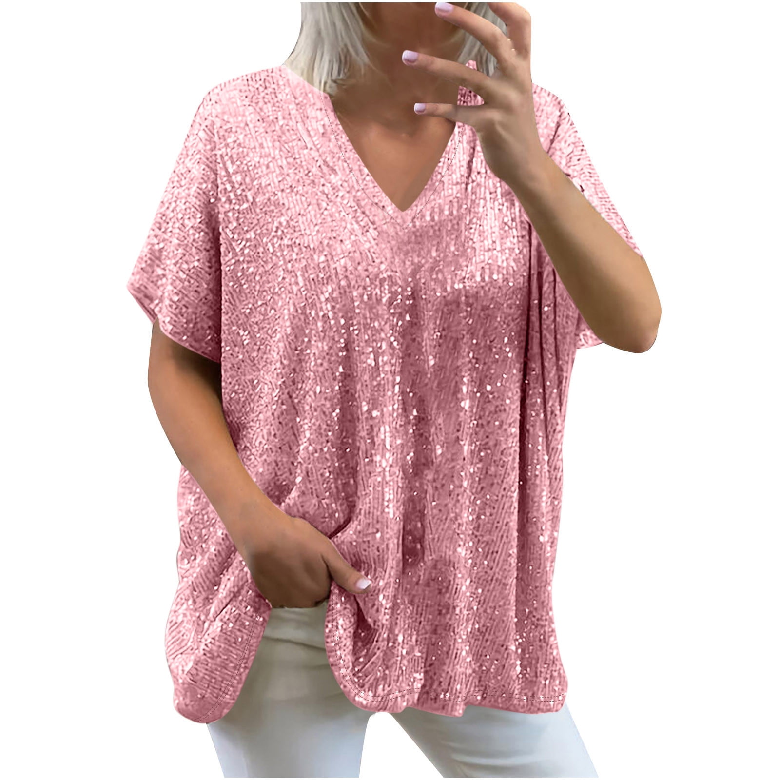 Atogsazn Sequin Top for Women Summer Casual Oversized Short Sleeve ...