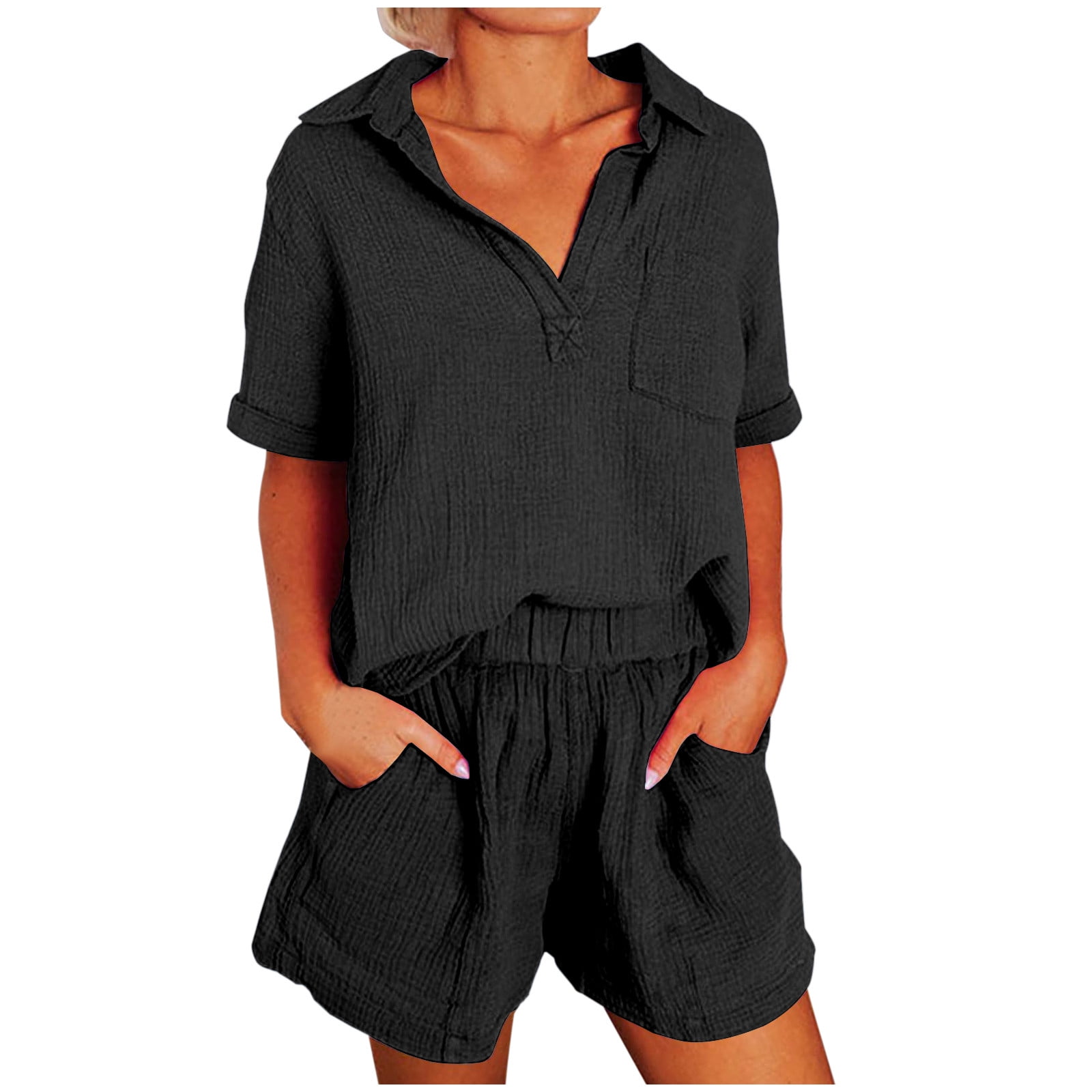 Atogsazn Shorts Sets Women 2 Piece Outfits Casual Turndown Collar Short Sleeve Sweatsuits Summer ...