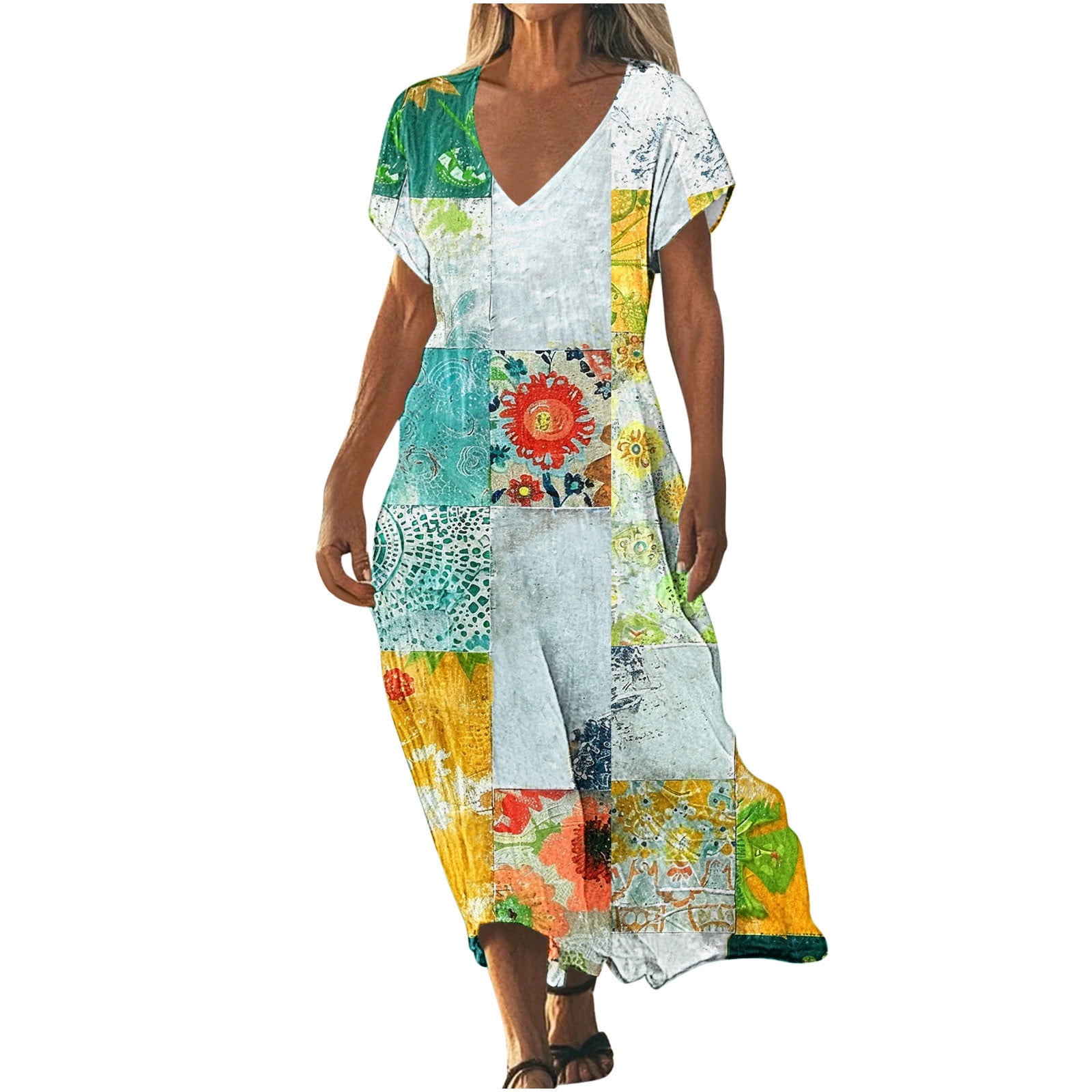 Atogsazn Summer Dress for Women 2025 Casual V Neck Short Sleeve Boho ...