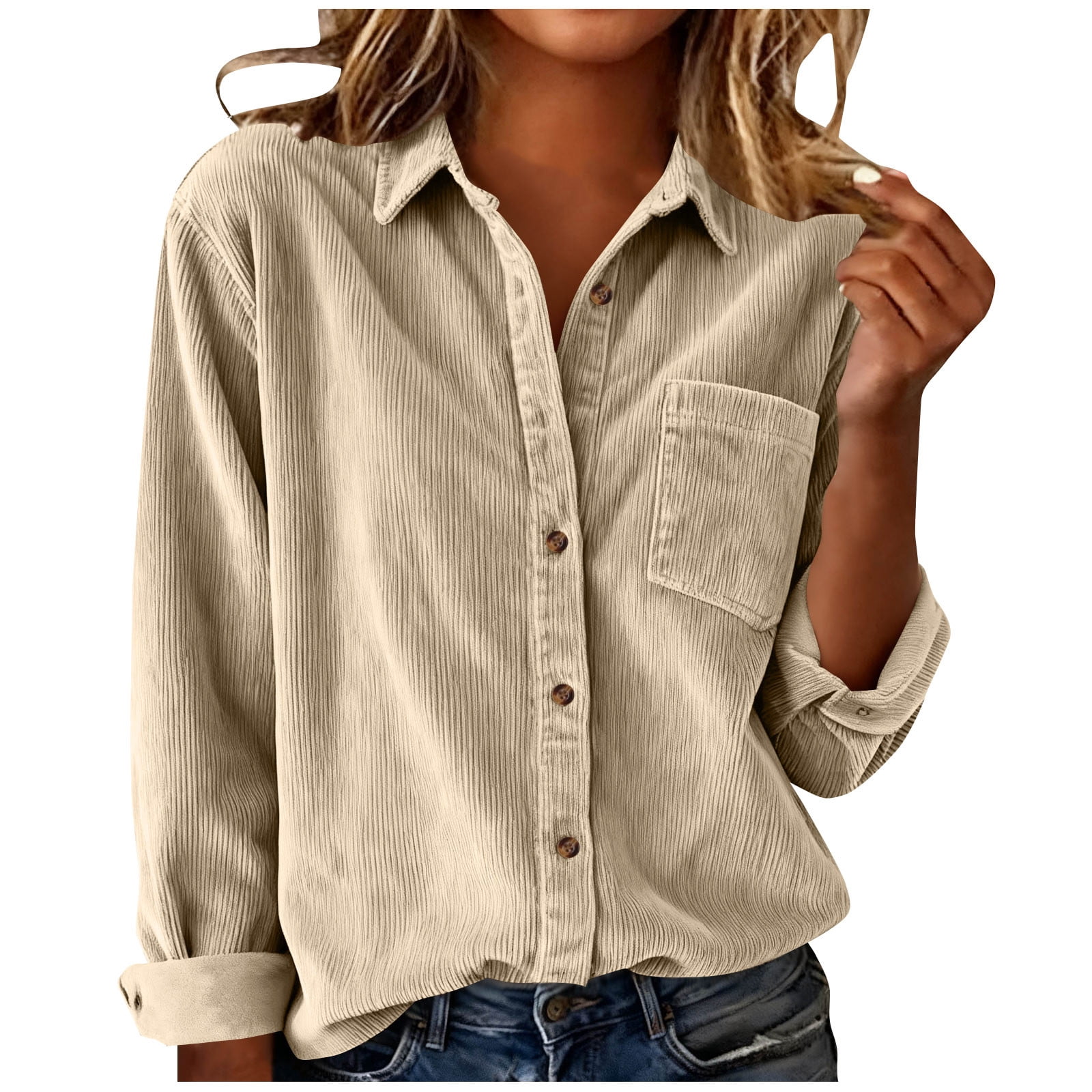 Atogsazn Women Button Up Shirt Casual Corduroy Long Sleeve Blouse Loose ...