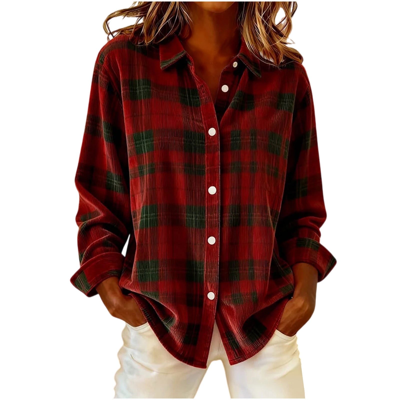 Atogsazn Women Button Up Shirt Casual Plaid Corduroy Long Sleeve Blouse ...