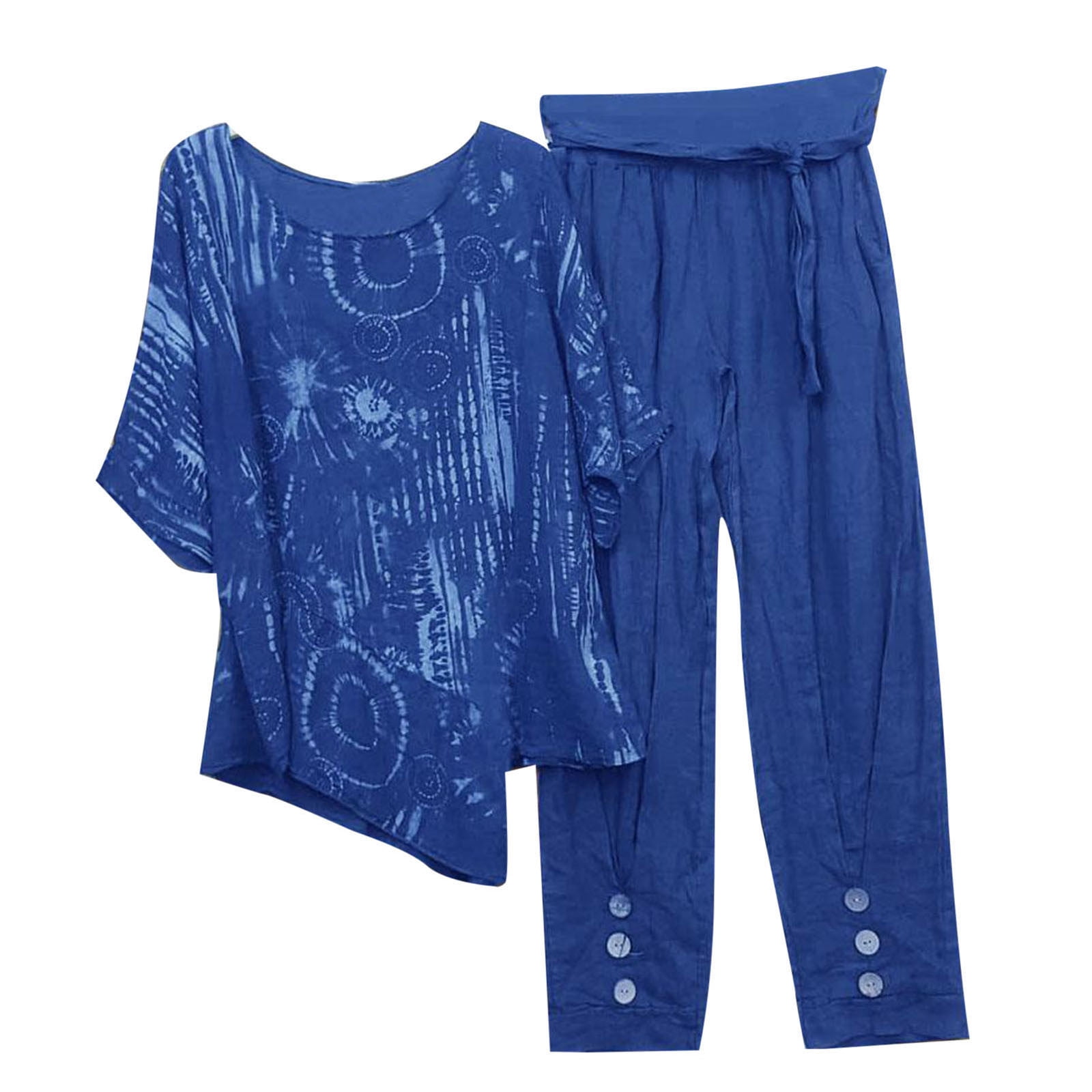 Atogsazn Women Two Piece Outfits Sets Summer Cotton Linen Sets Plus Size Short Sleeve Blouse ...