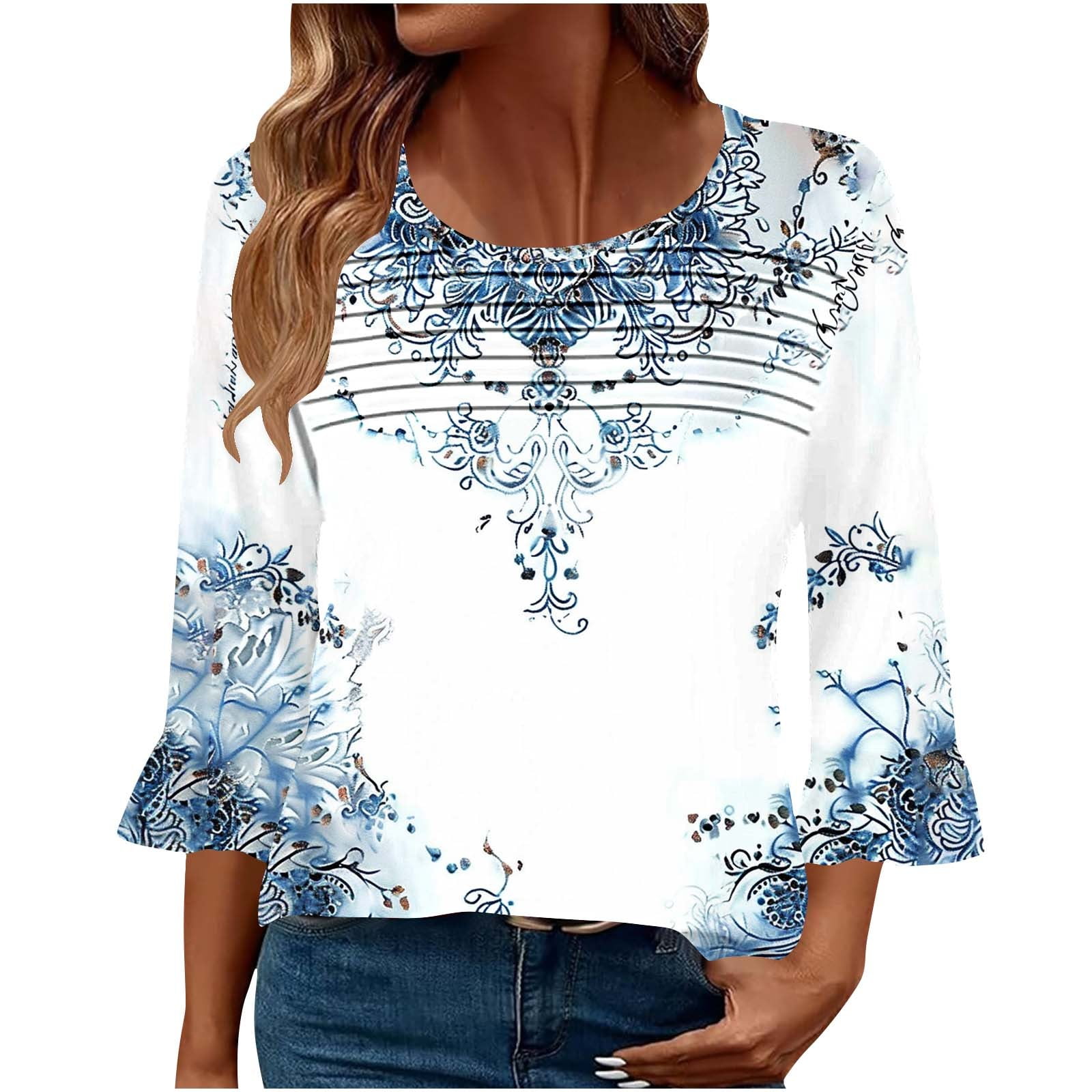 Atogsazn Women's 3/4 Sleeve Blouse Womens Casual Pleated Floral Print ...