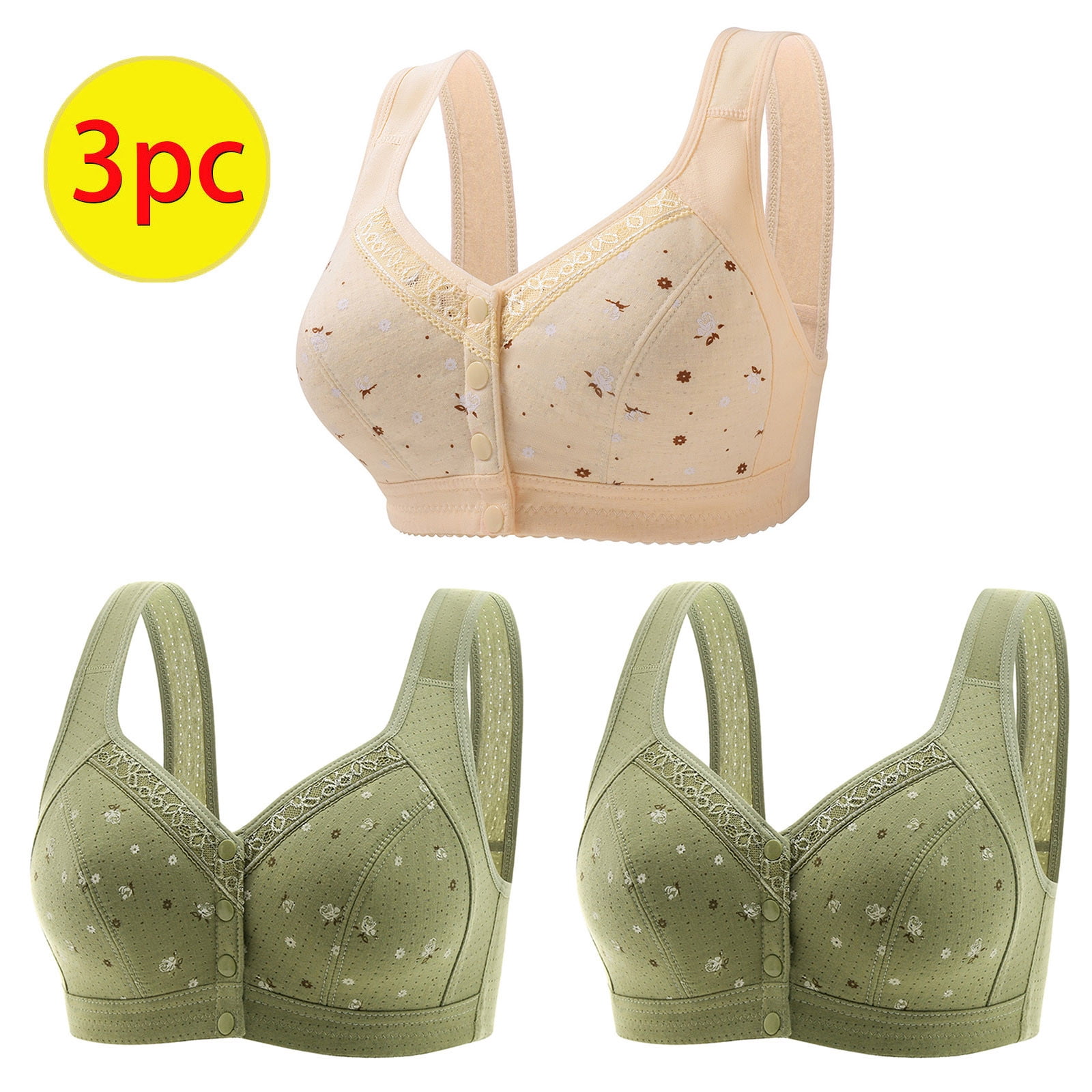 Atogsazn Women's 3PC Front Button Closure Bra Seniors Daisy Bra Printed ...