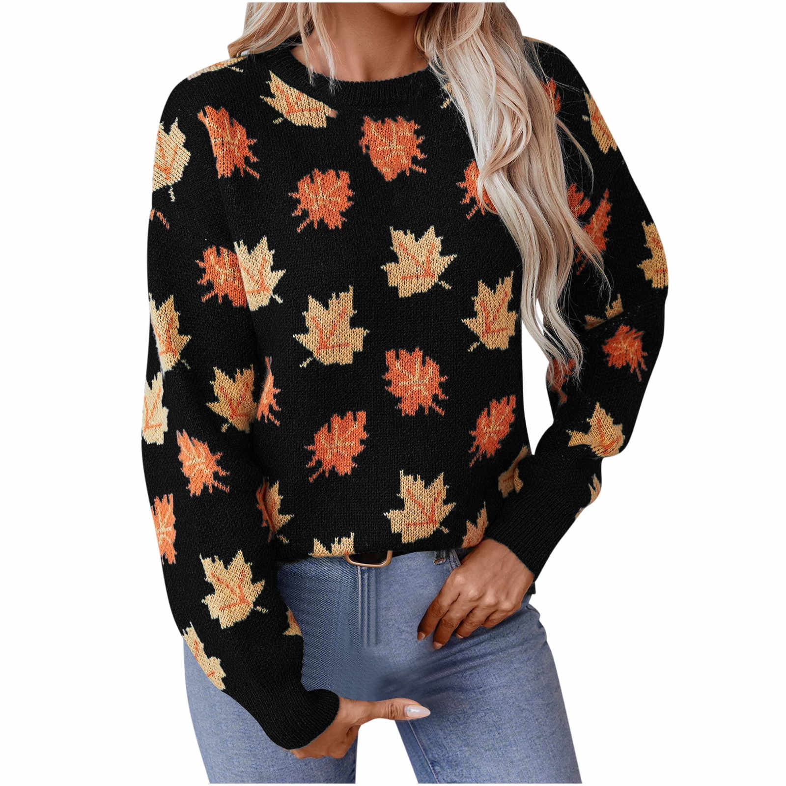 Atogsazn Women's Casual Maple Leaf Print Crewneck Knit Sweater 2024 ...