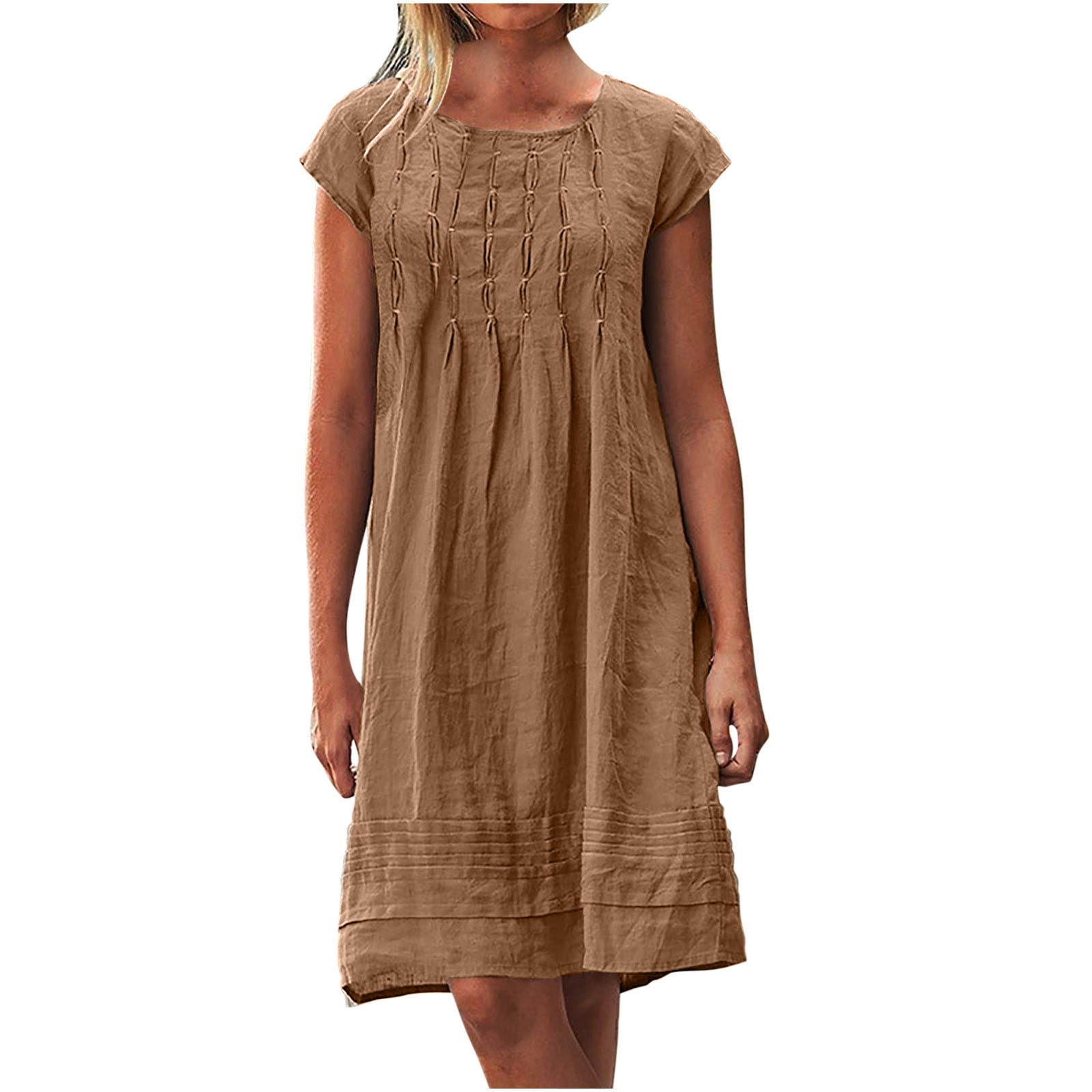 Atogsazn Women's Cotton Linen Dress Summer Ruffle Loose Crewneck Boho ...