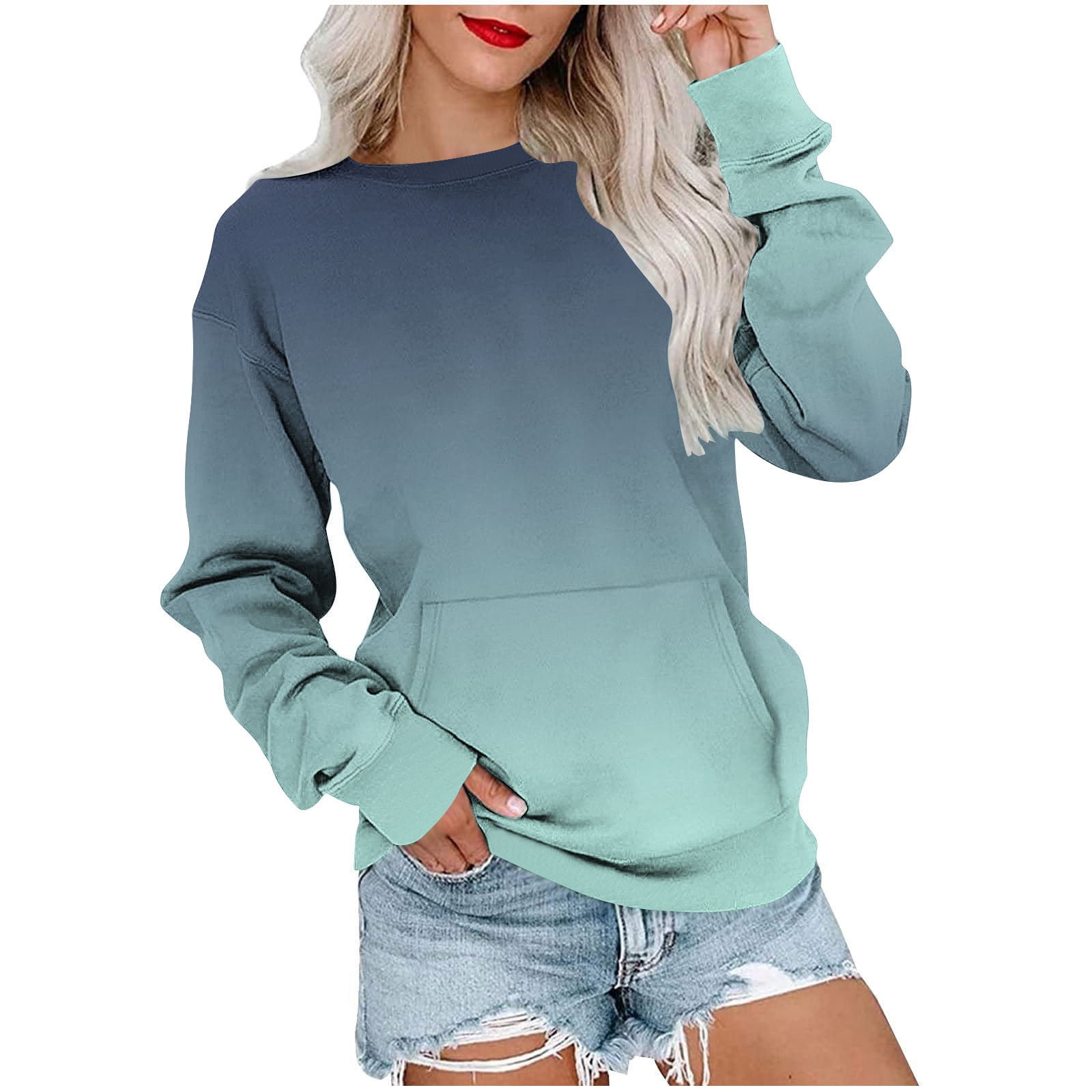 Atogsazn Women's Crew Neck Sweatshirt Casual Gradient Long Sleeve ...