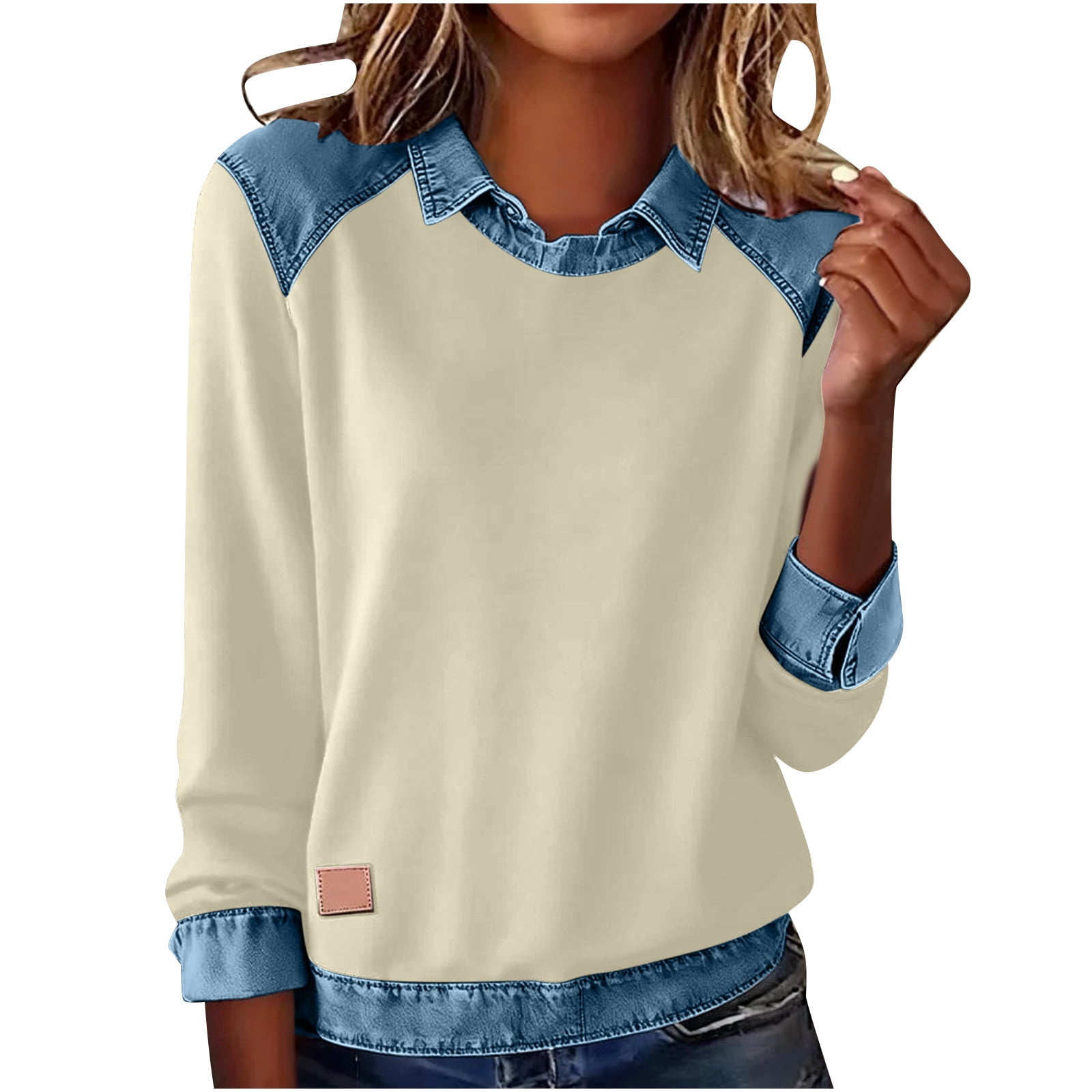 Atogsazn Women's Denim Patchwork Blouse Casual Long Sleeve Pullover ...