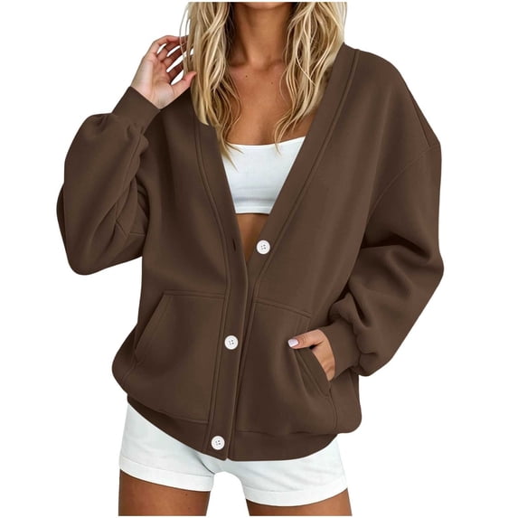 Atogsazn Women's Fleece V Neck Sweatshirt Casual Long Sleeve Cardigan ...