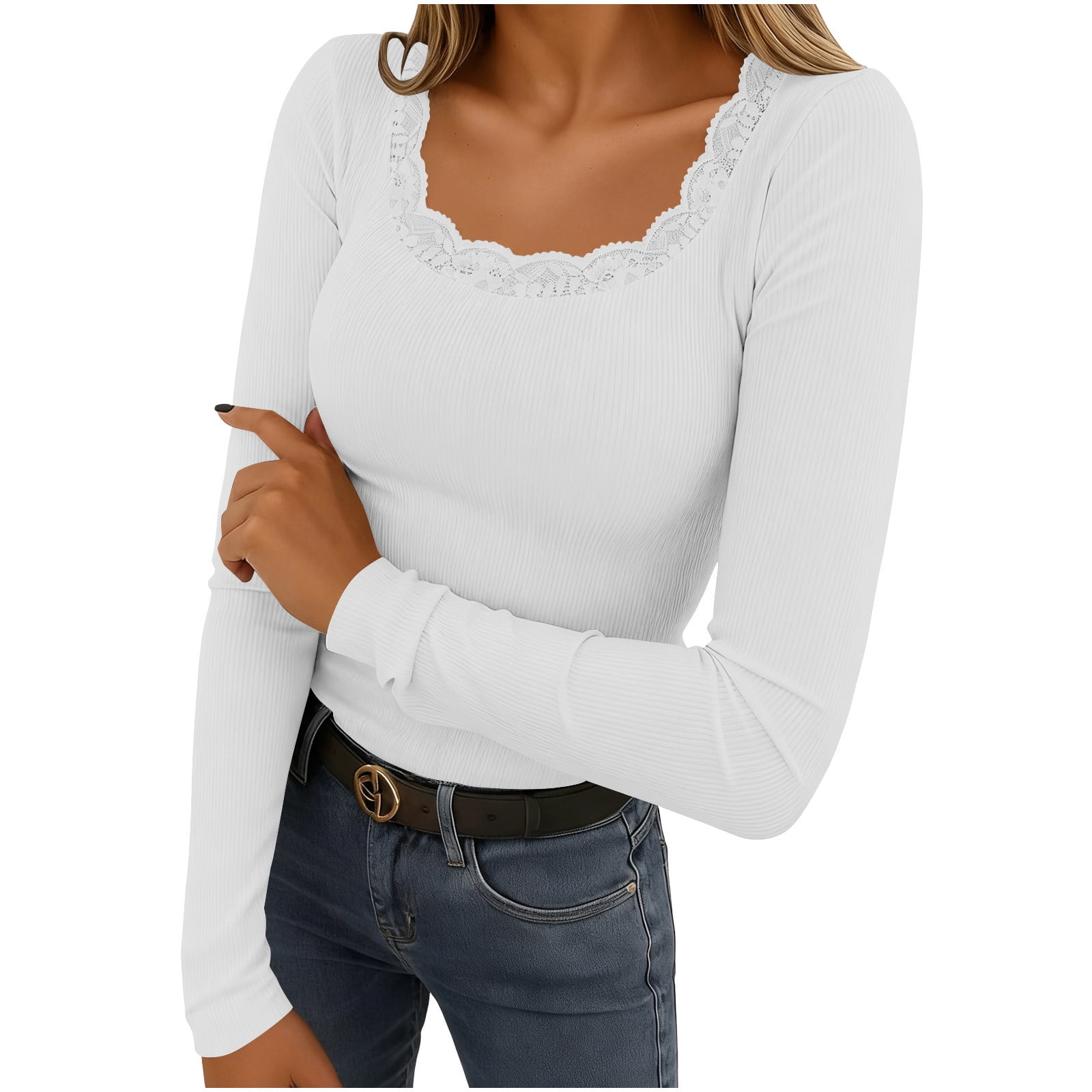 Atogsazn Women's Long Sleeve Shirt Casual Lace Ribbed Knit Crewneck ...