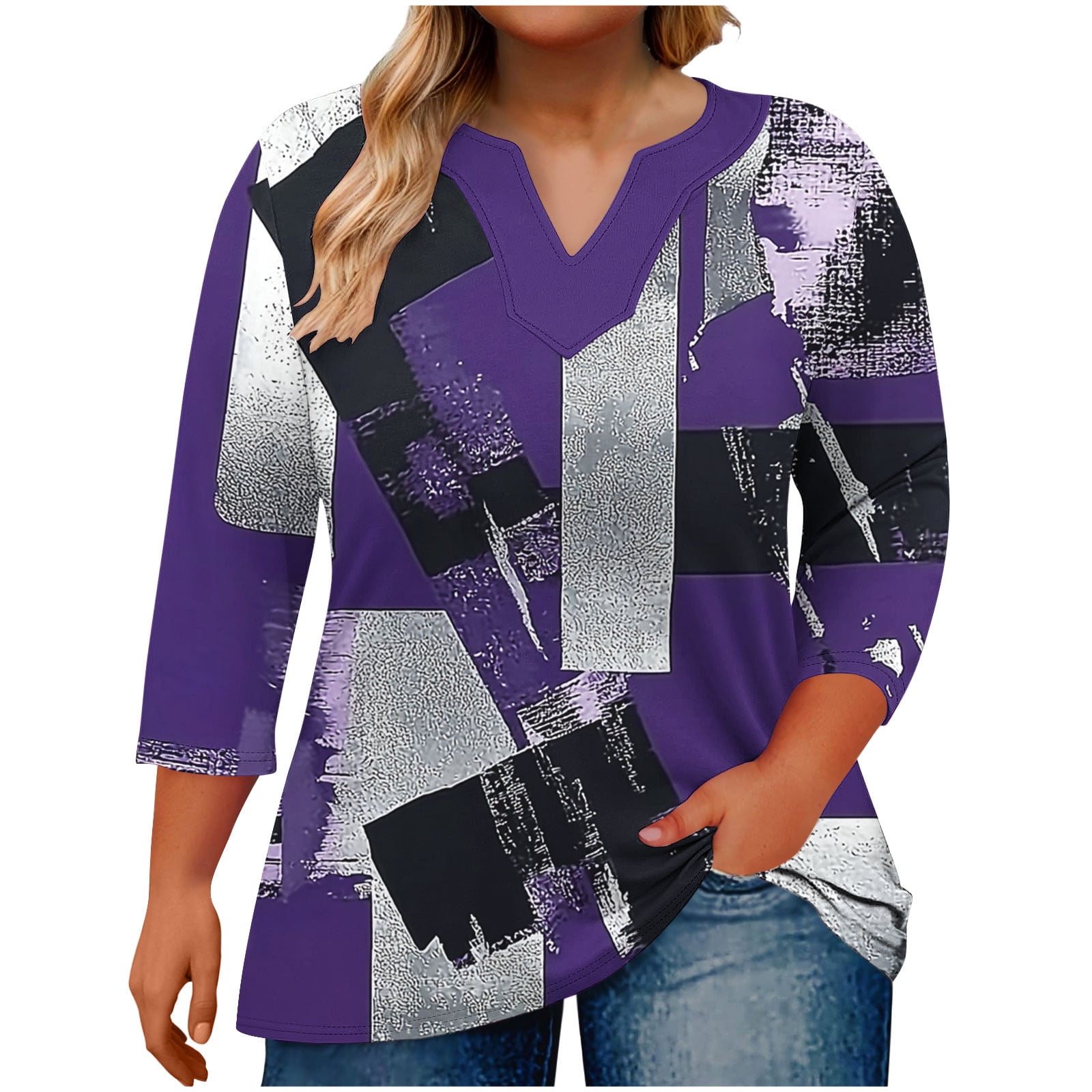 Atogsazn Women's Plus Size Tops Casual Oversized V Neck 3/4 Sleeve ...