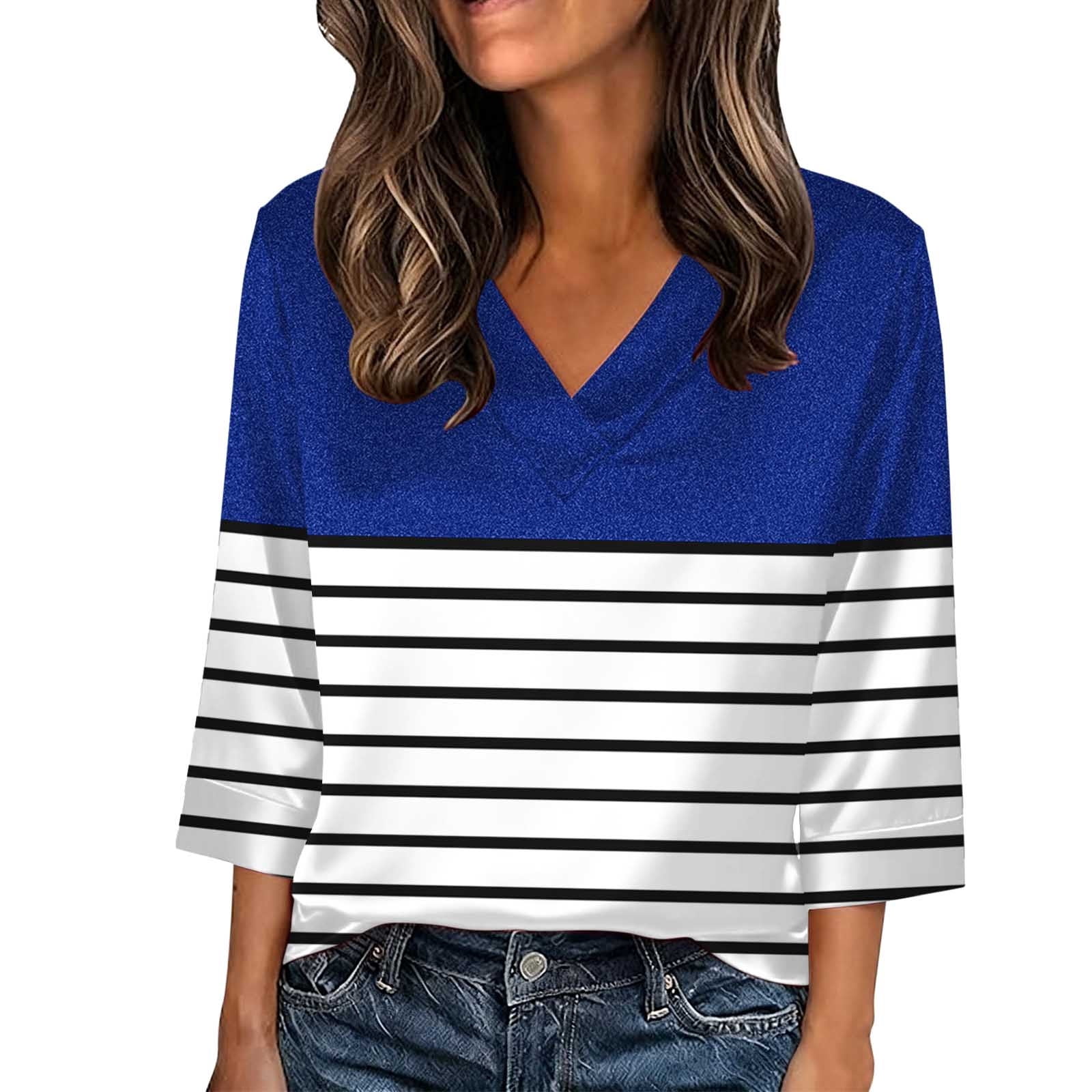 Atogsazn Women's Silk Satin Blouse Striped Casual 3/4 Sleeve Pullover ...